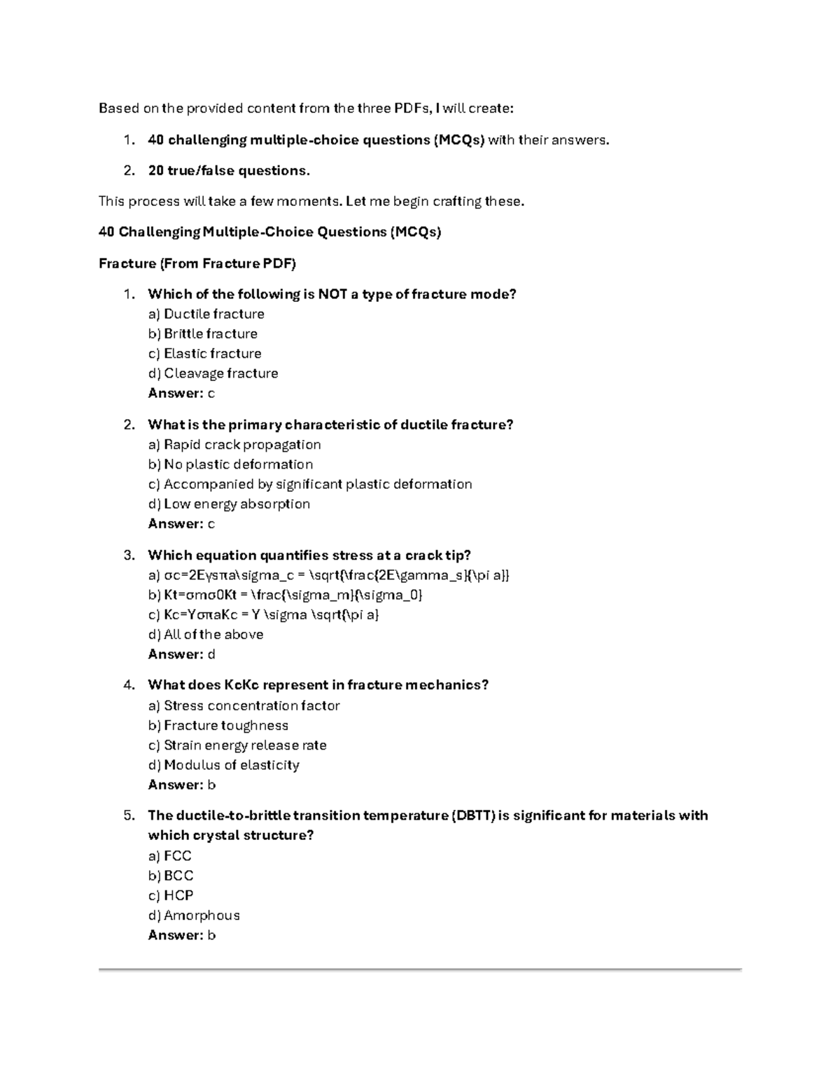 40 MCQs & 20 Questions on Fracture, Fatigue, & Creep Mechanics - Studocu