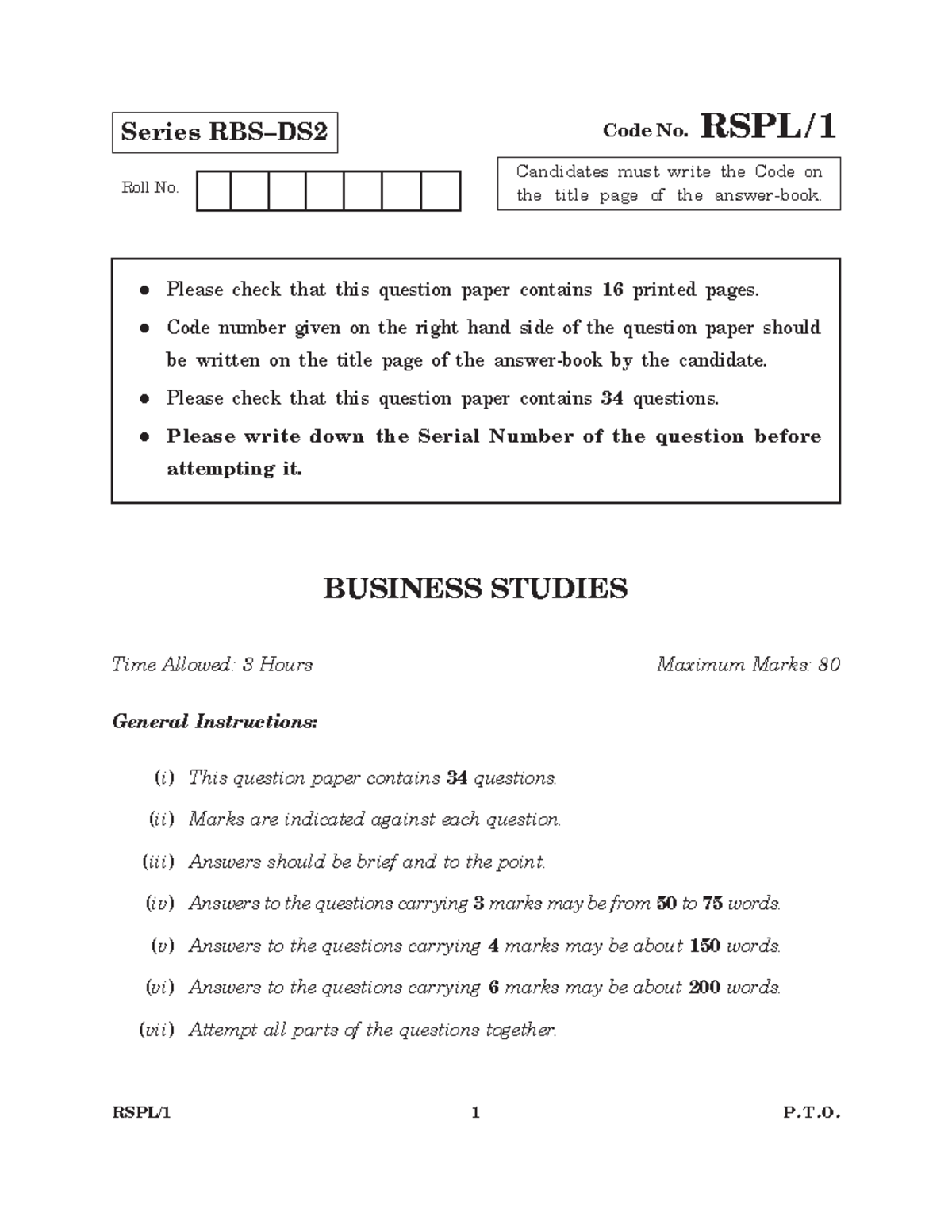 Business Studies 12 Midterm Exam Set 1 RSPL/1 Question Paper - Studocu
