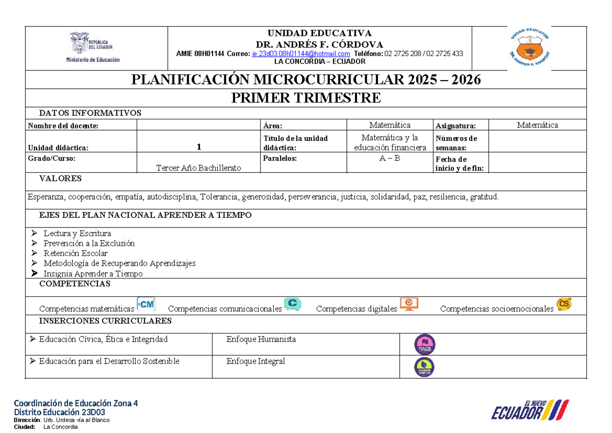 Planificación Microcurricular DUA 2025-2026 Tercer Año Matemática - Studocu