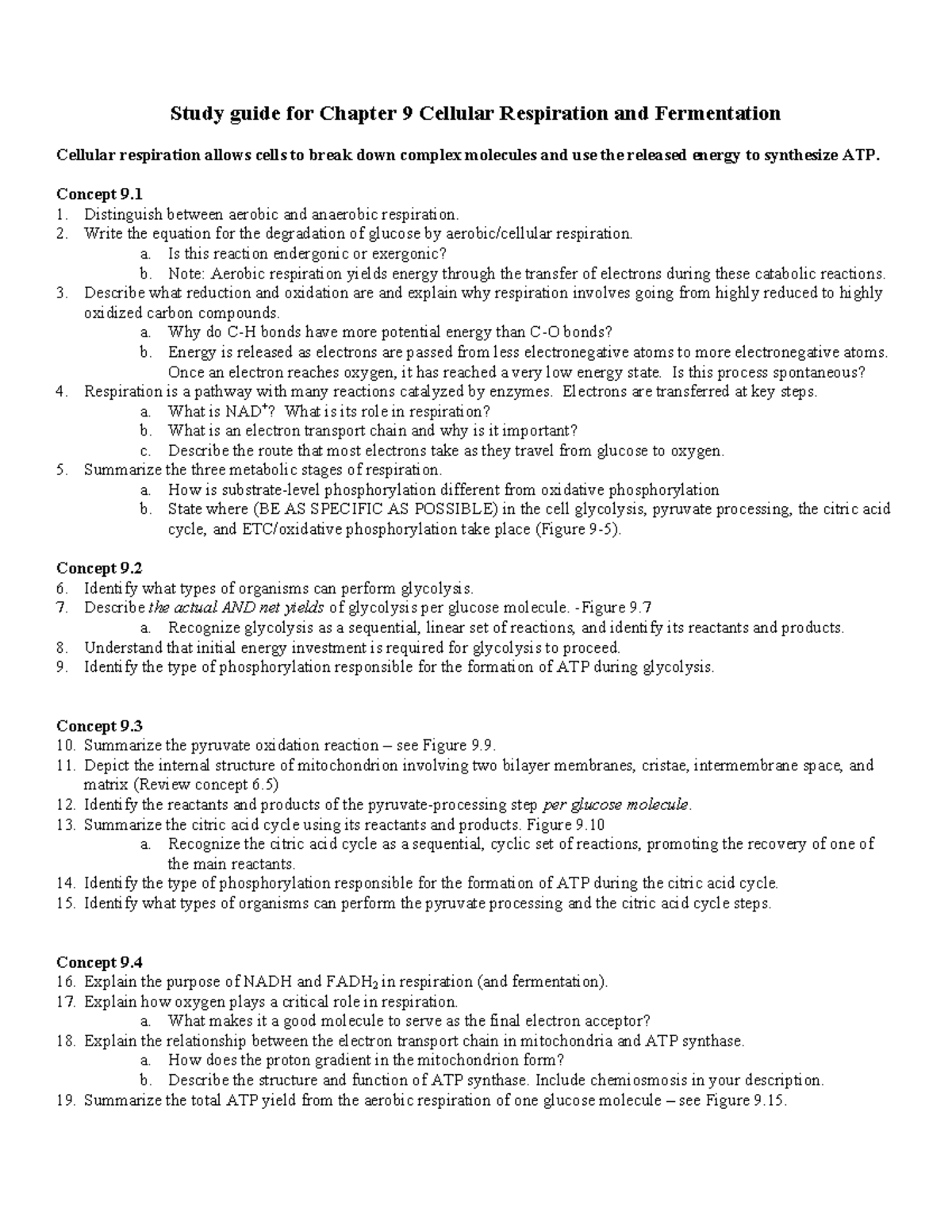 Study Guide for Chapter 9: Cellular Respiration & Fermentation - Studocu