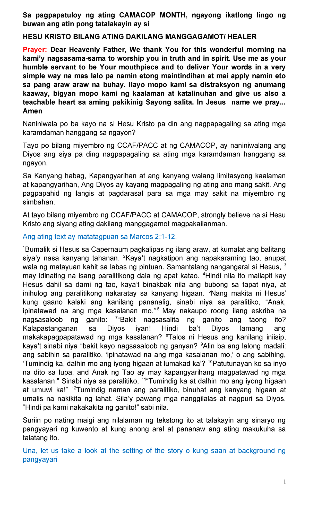 CAMACOP MONTH: Si Hesu Kristo Bilang Dakilang Manggagamot - Studocu