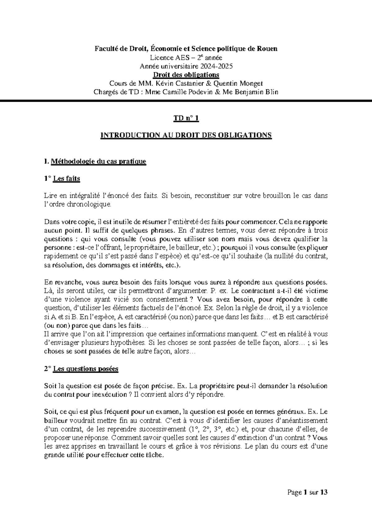 TD 1 - Introduction au Droit des Obligations - Licence AES 2e année ...