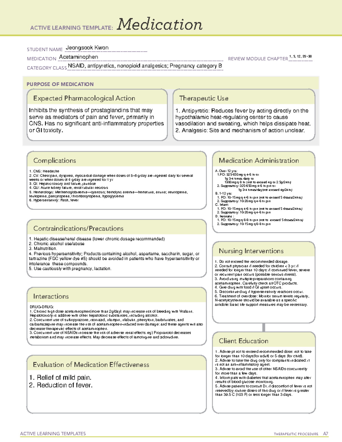Acetaminophen Drug Card ATI - Active Learning Template Summary - Studocu