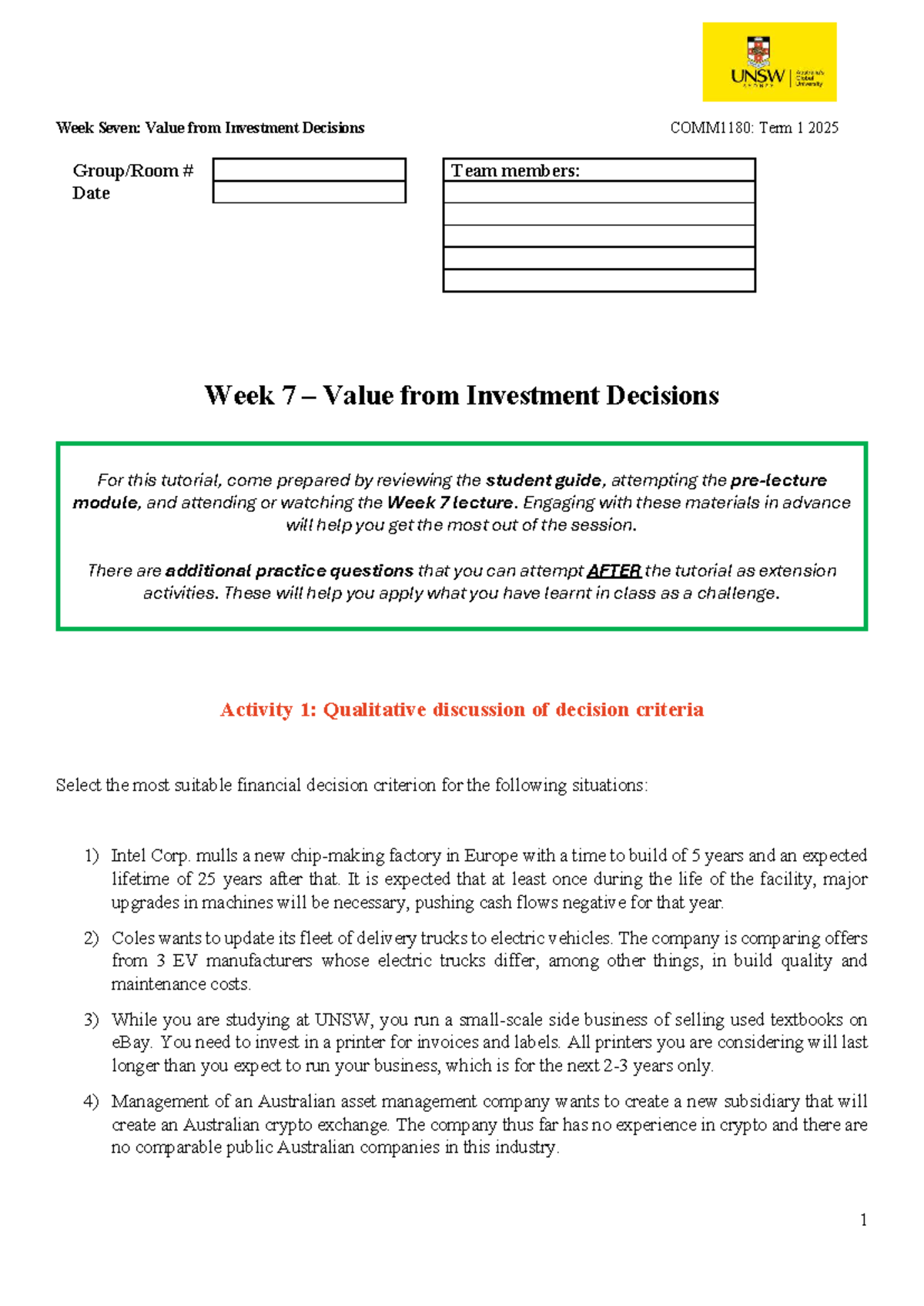 Week 7 Tutorial Worksheet: Value from Investment Decisions COMM1180 ...