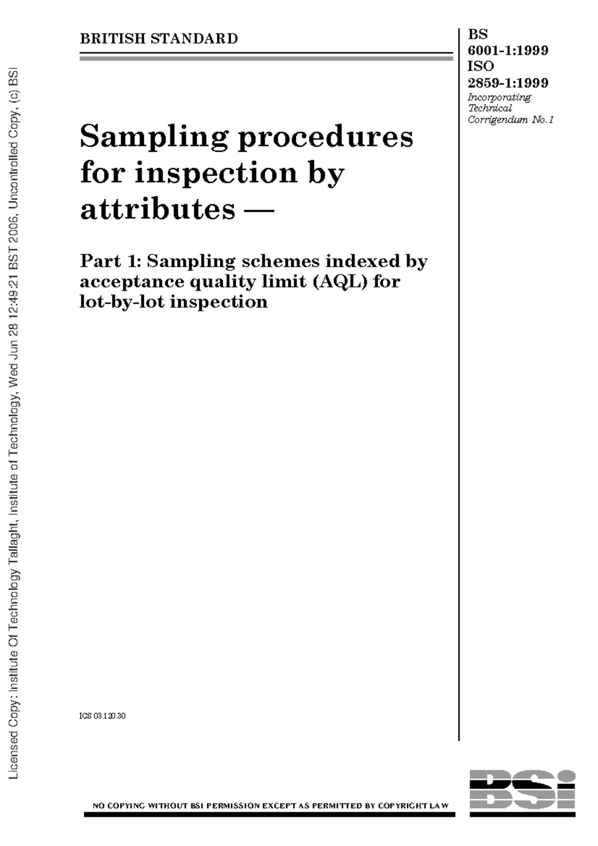BS 6001-1:1999 ISO 2859-1 Sampling Procedures for Inspection by ...