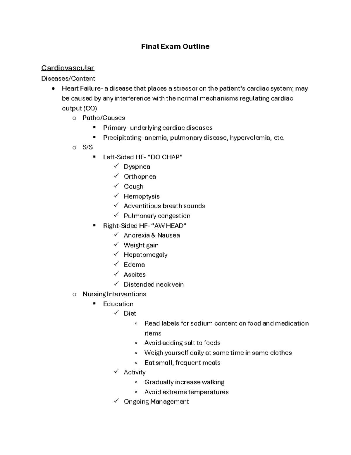 Med Surg II Final Exam Review - Final Exam Outline Cardiovascular ...