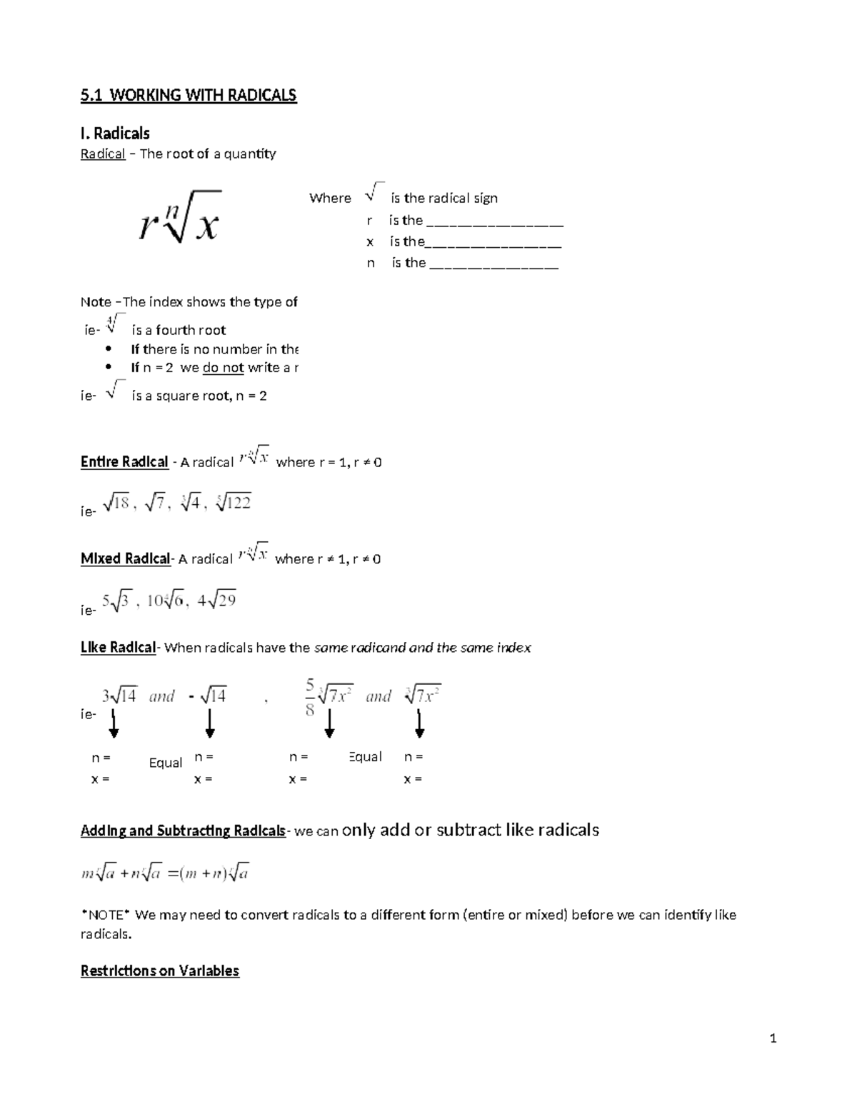 Radicals 20-1 Handout Feb 2019 AO - Equal Equal 5 WORKING WITH RADICALS ...