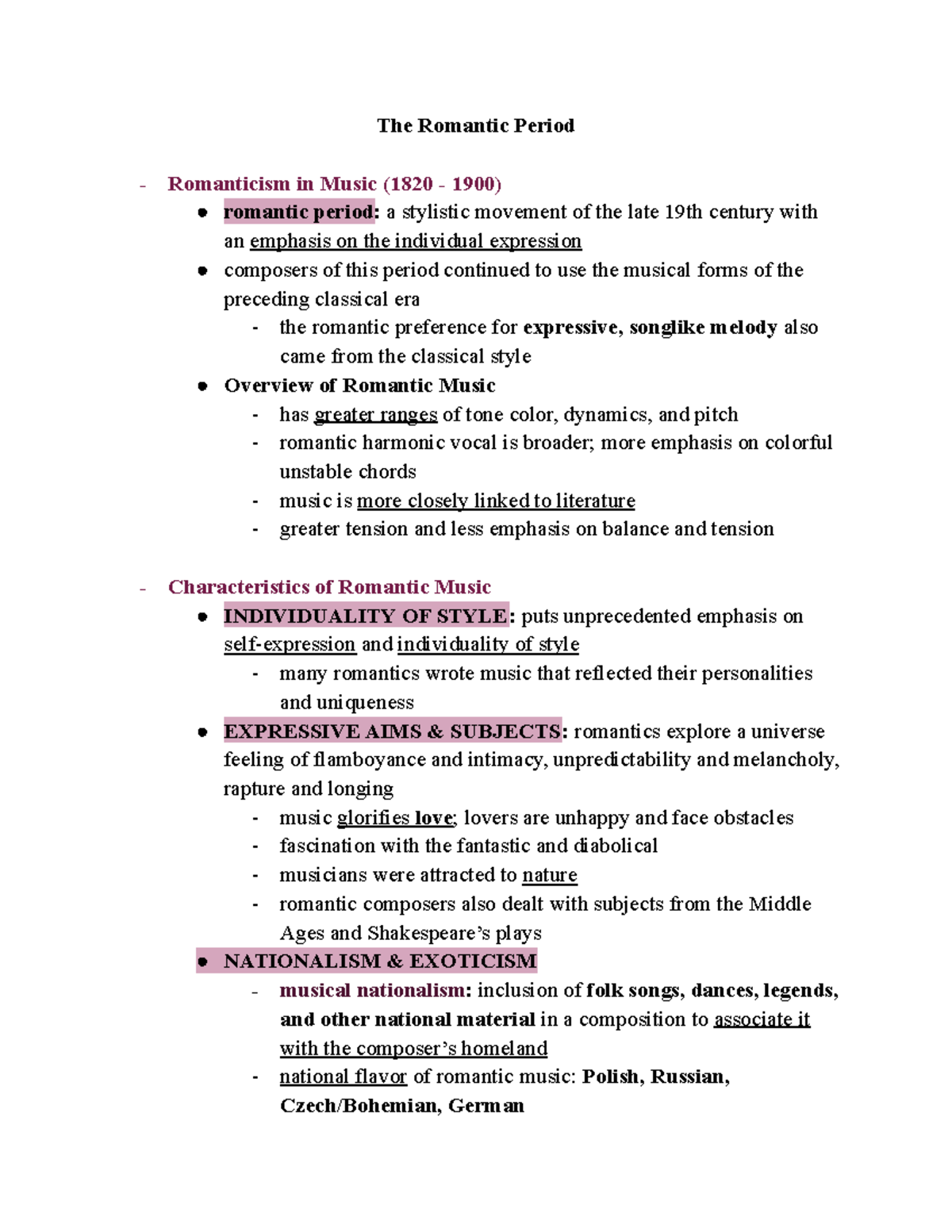 Music Appreciation: Overview of Romantic Music Characteristics - Studocu