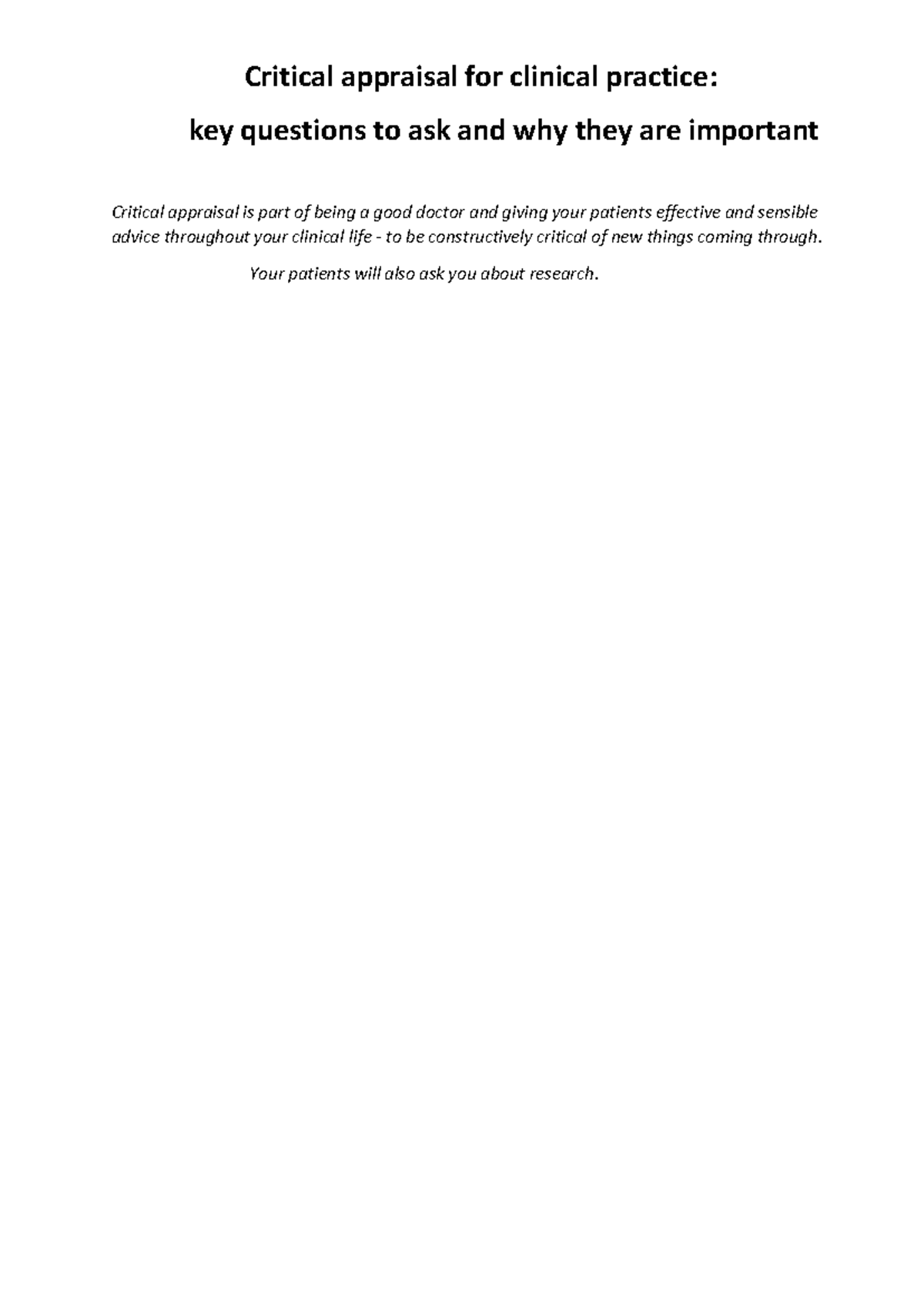 Critical Appraisal Key Questions for Effective Clinical Practice - Studocu