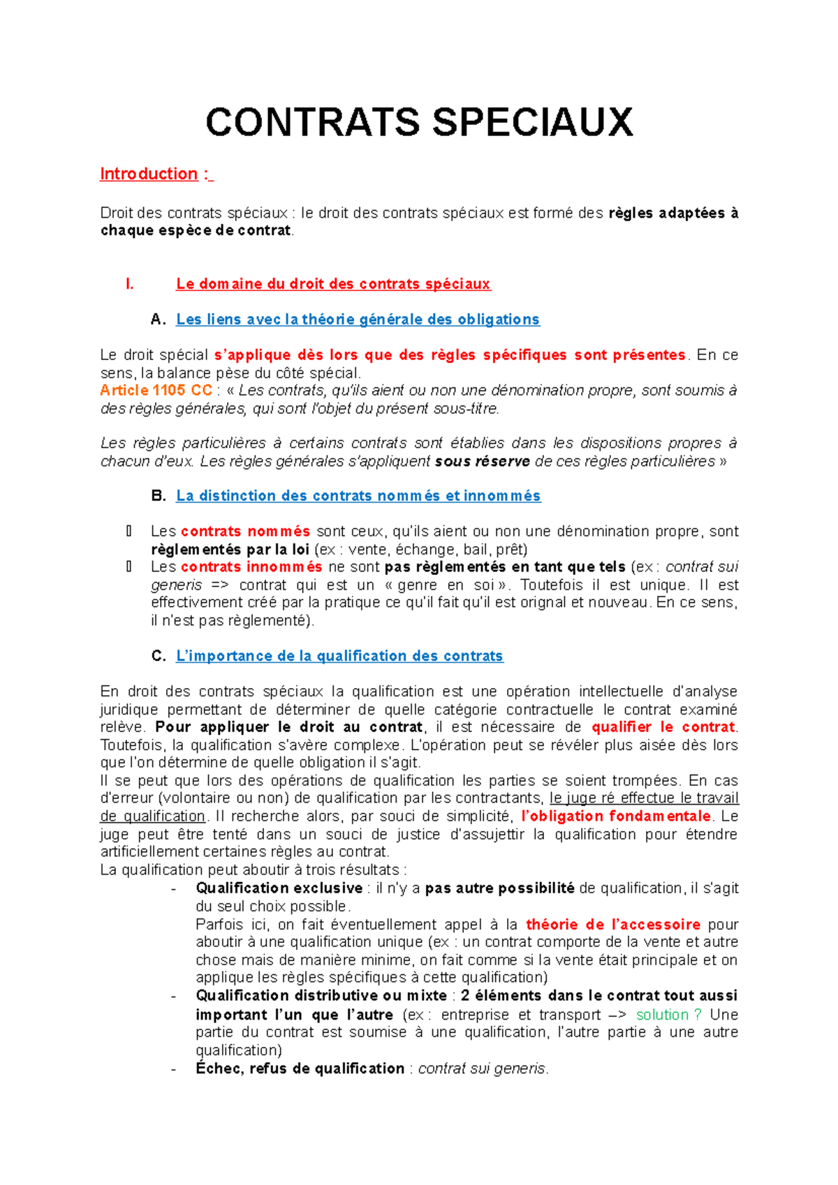 Cours - CONTRATS SPECIAUX Introduction : Droit des contrats spéciaux ...