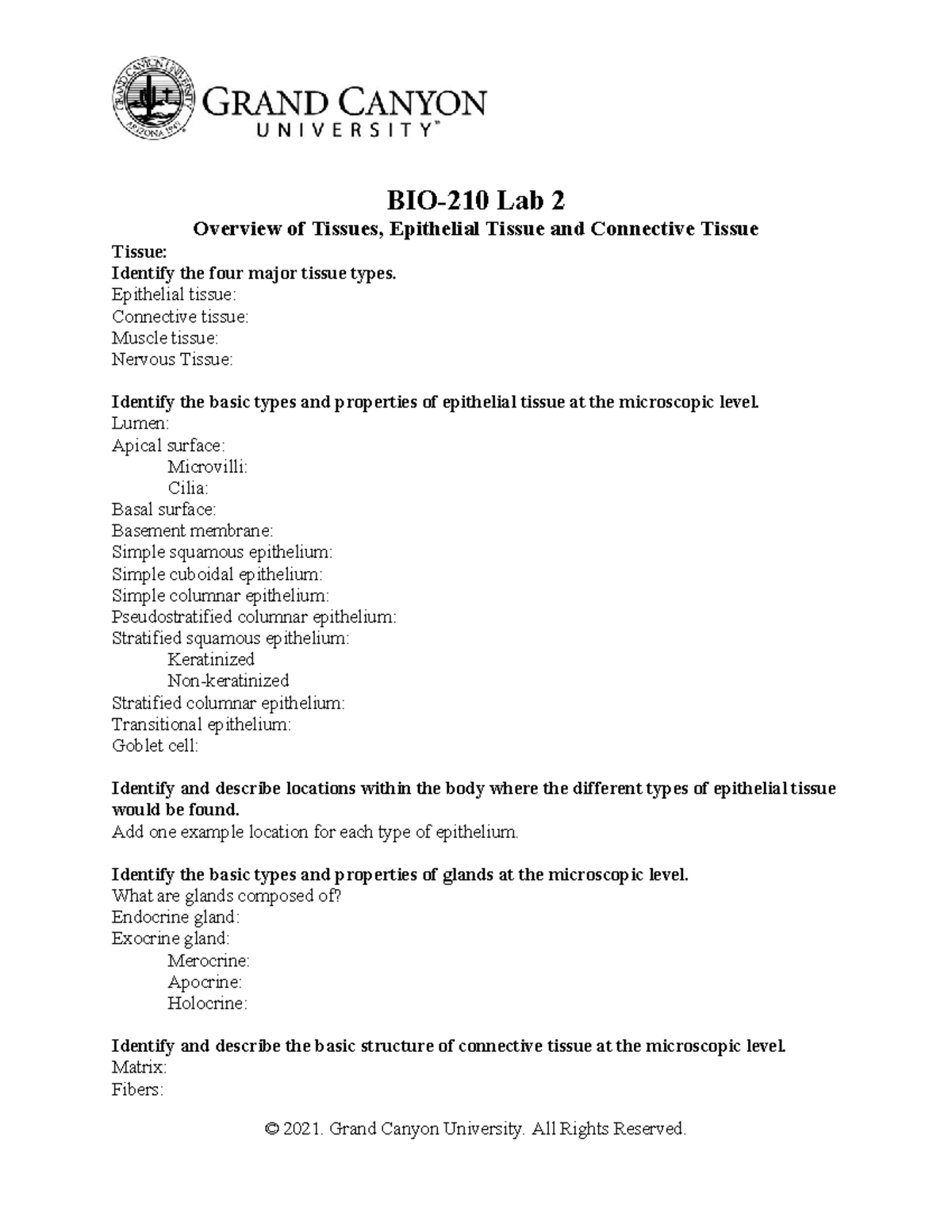 BIO 210L RS Lab2 - N/A - BIO-210 Lab 2 Overview of Tissues, Epithelial ...