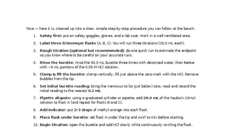 Chem 4 - Titration Procedure: Step-by-Step Guide - Studocu