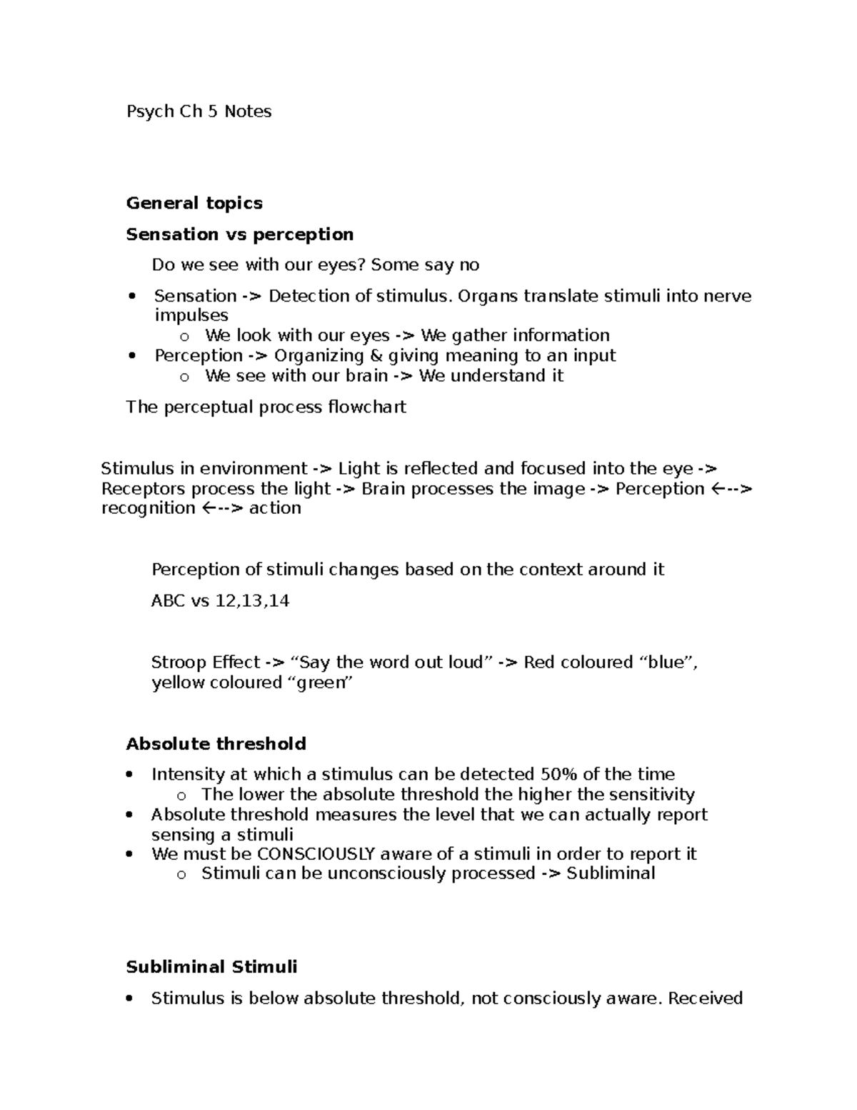 Psych 101 Ch 5 Notes: Sensation vs Perception Insights - Studocu