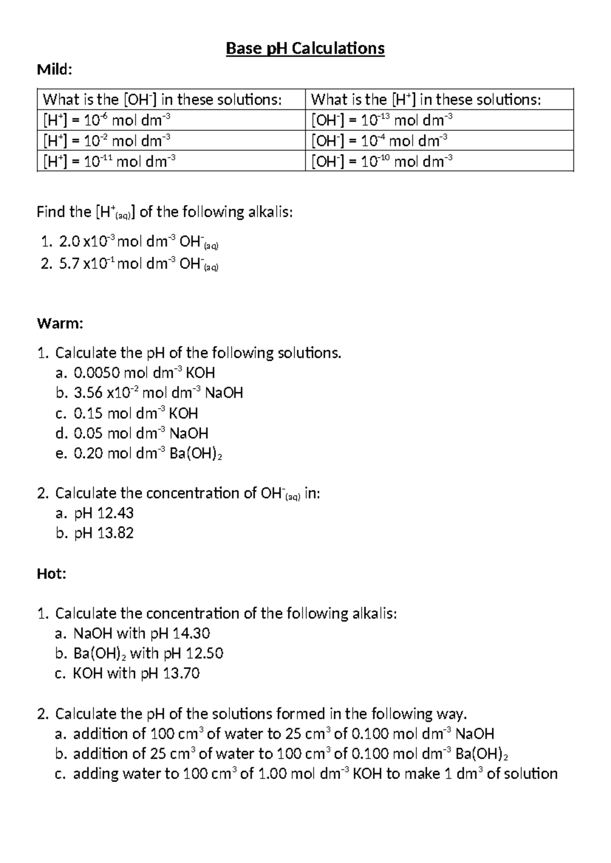 Mild: Base pH Calculations and Alkali Concentration Analysis - Studocu