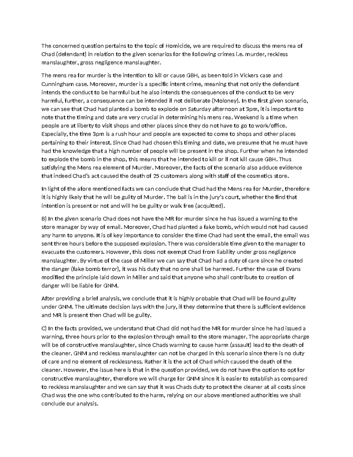 Manslaughter Analysis: Mens Rea for Chad in Homicide Scenarios - Studocu