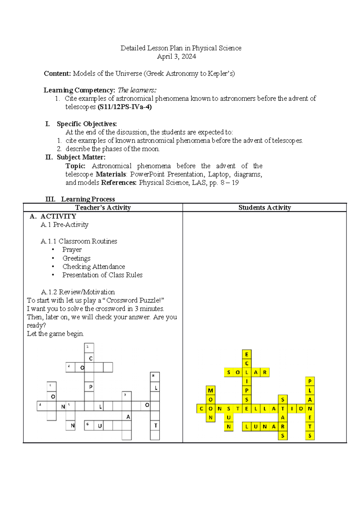 Detailed Lesson Plan on Astronomical Phenomena (S11/12PS-IVa-4) - Studocu