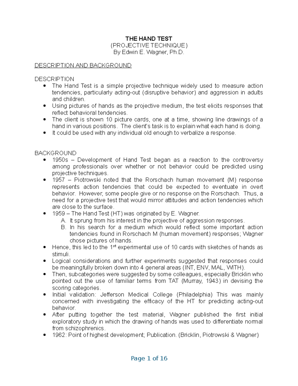 Hand Test (HT): A Comprehensive Overview of Projective Technique - Studocu