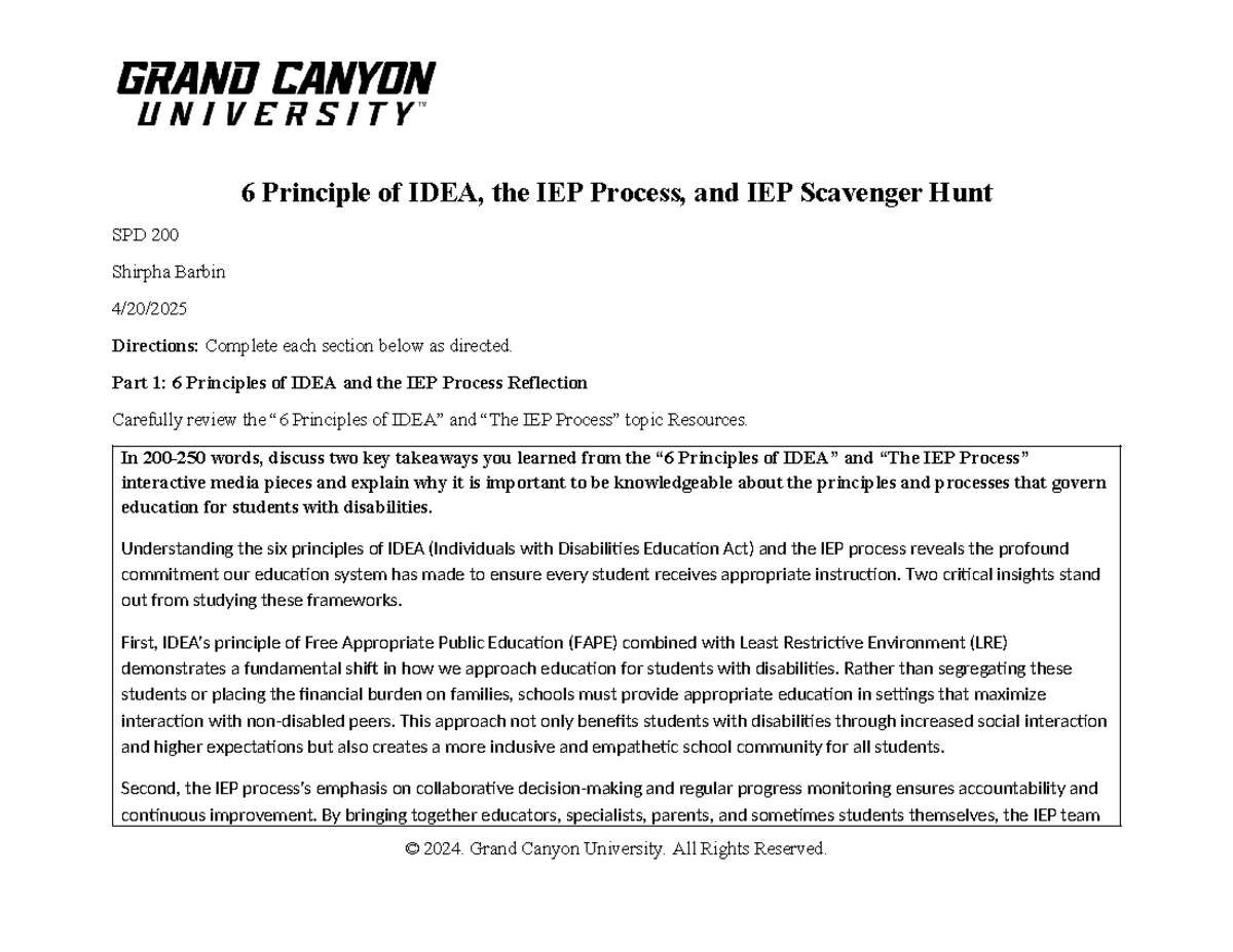 SPD-200 RS T1 6 Principles of IDEA the IEP Process and IEP Scavenger ...