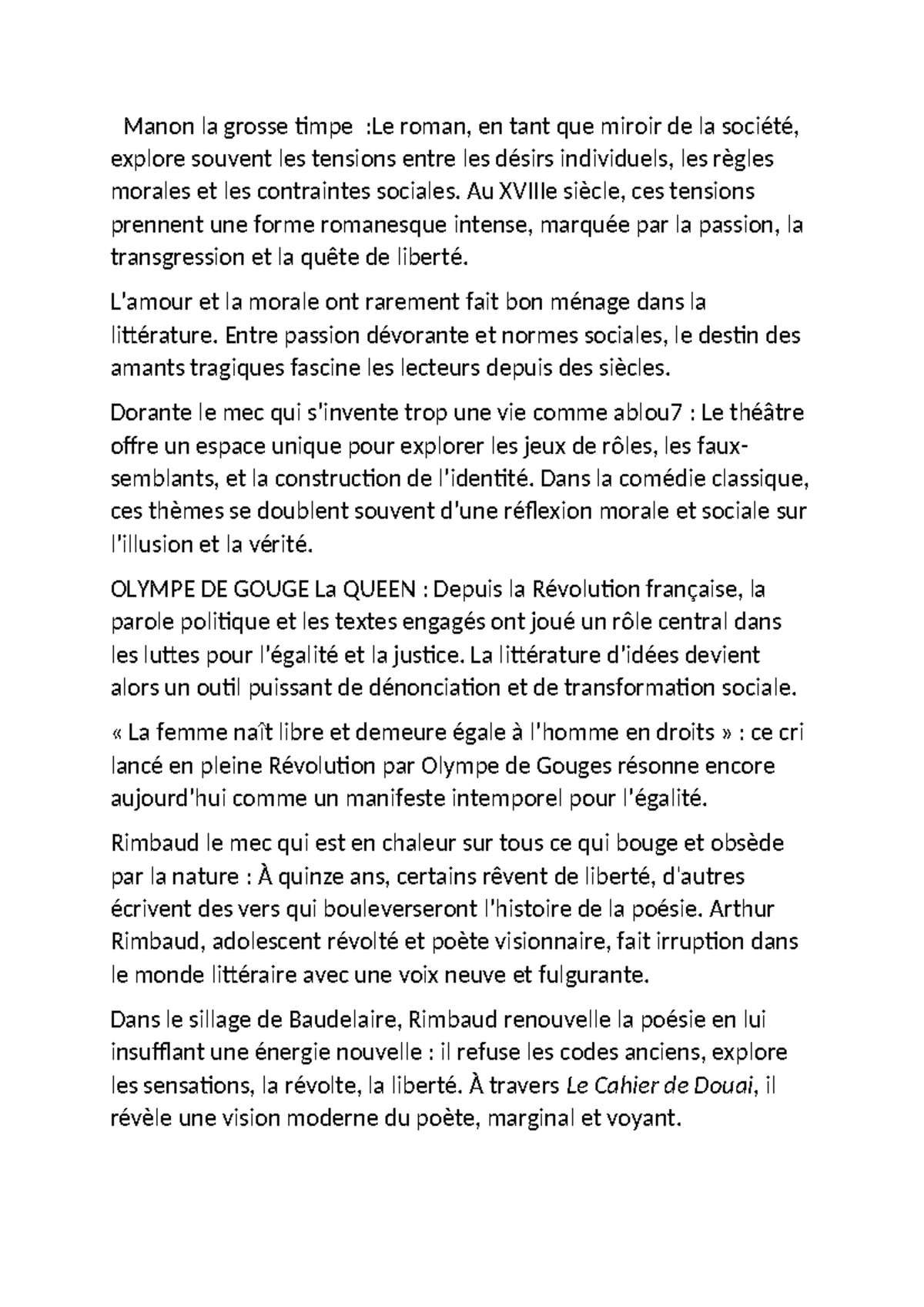 Manon la grosse timpe : Analyse du roman et de la société - Bac de ...