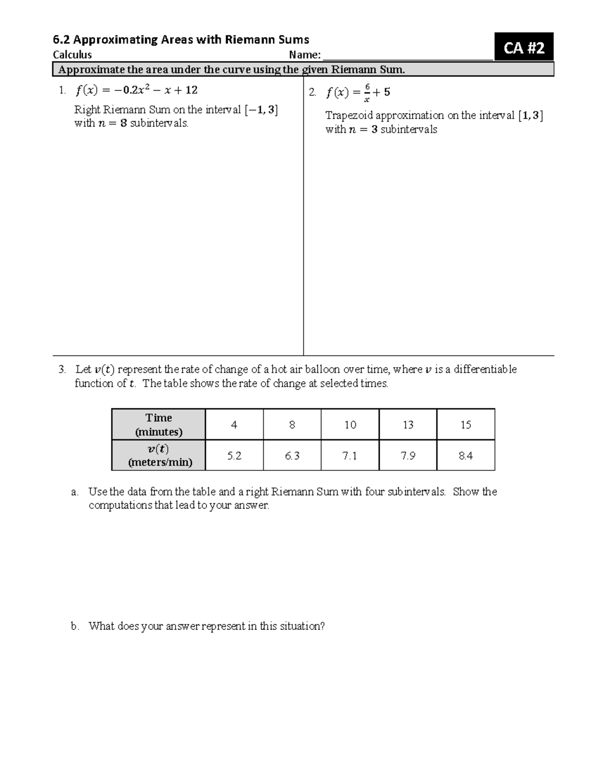 Riemann Sums Worksheet for Approximating Areas - Calculus - Studocu