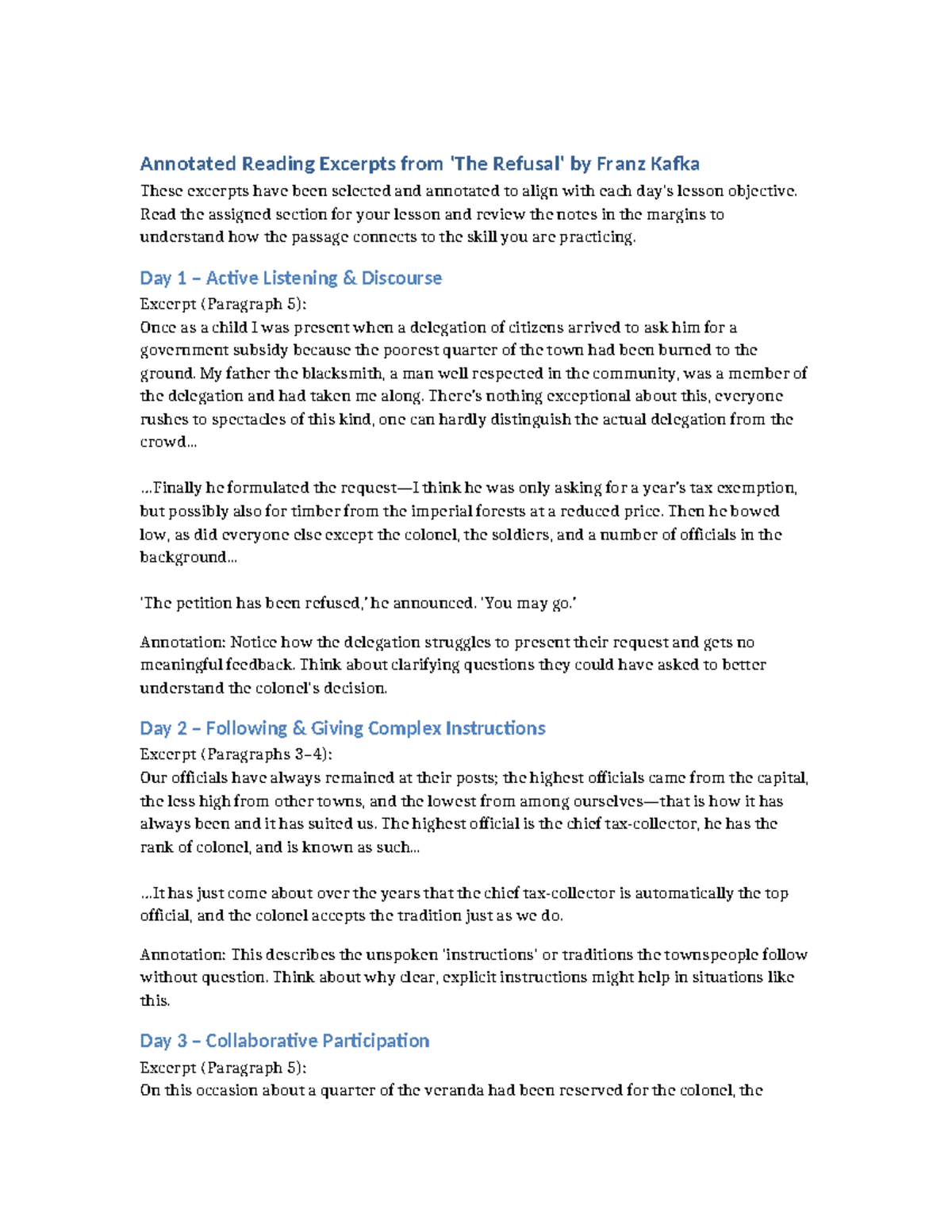 Annotated Excerpts from "The Refusal" by Franz Kafka for Lesson ...