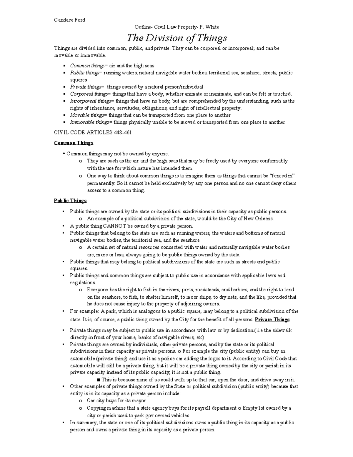 Civil Law (P. White) - Property Outline by Candace Ford - Studocu