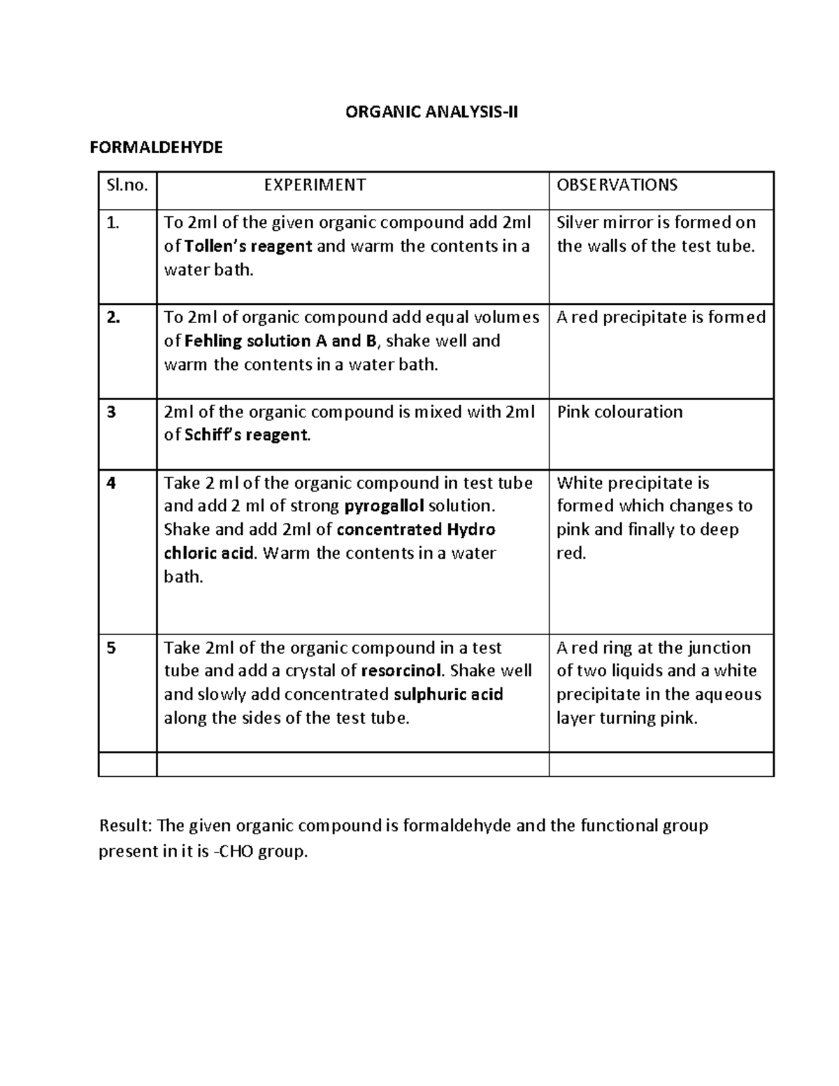 Organic Chemistry Experiment: Formaldehyde Observations and Results ...