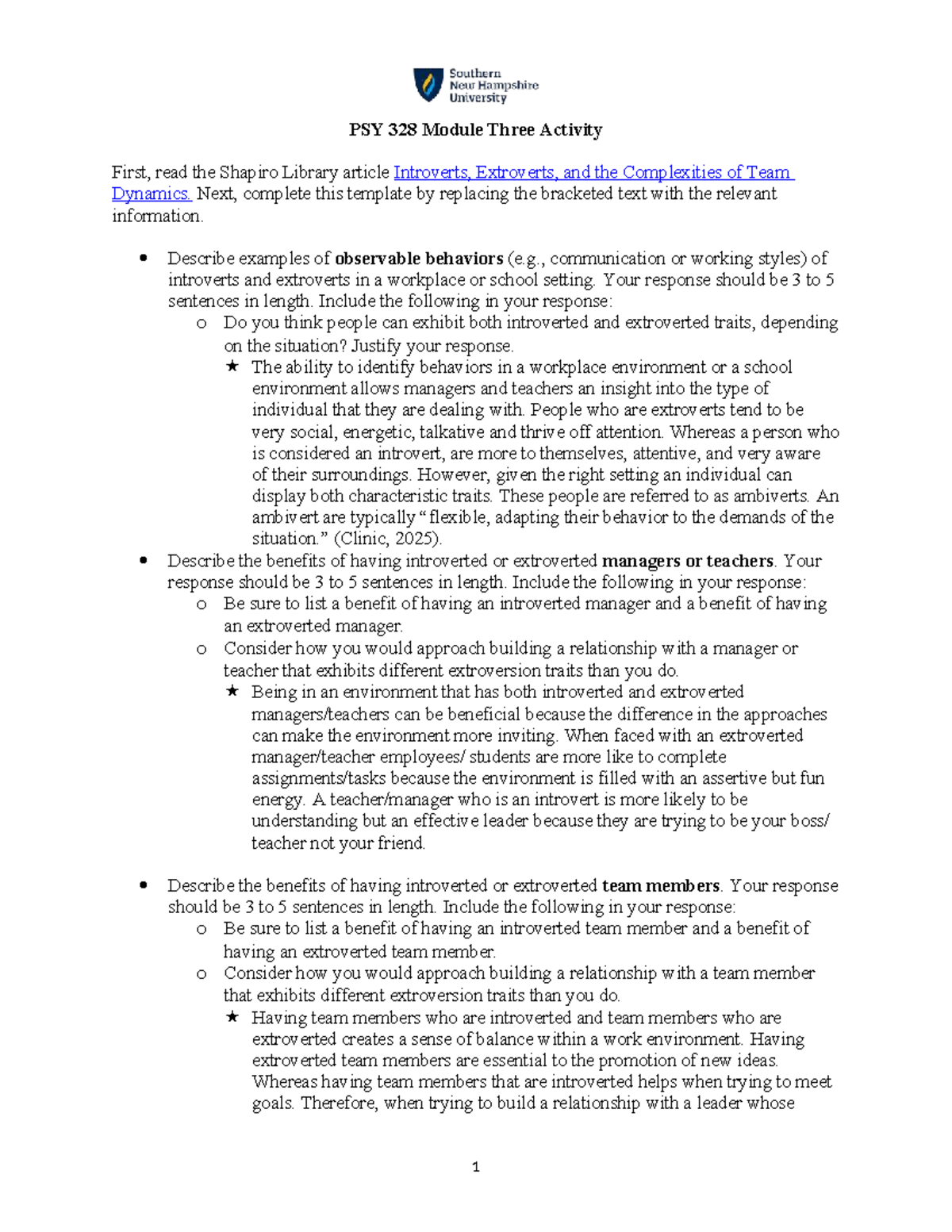 PSY 328 Module Three Activity: Understanding Introversion and ...