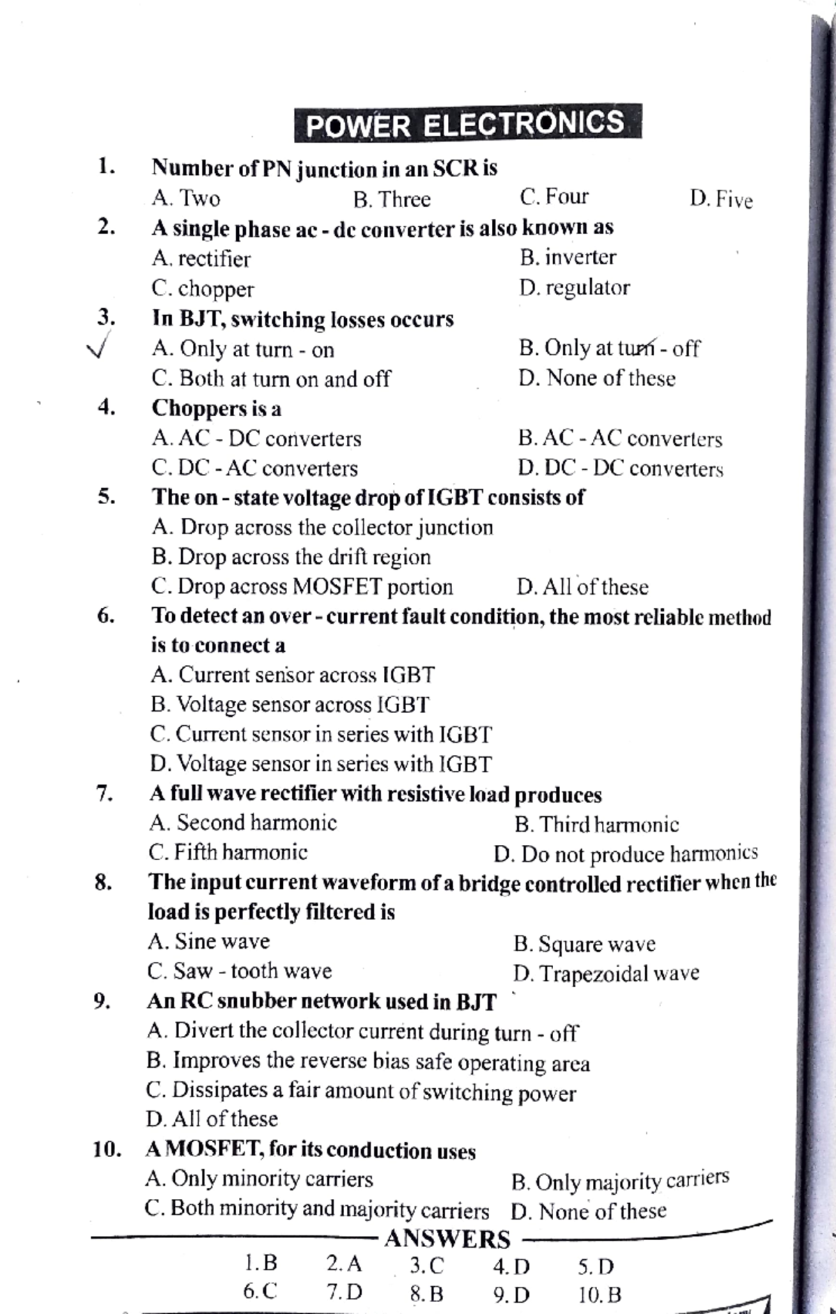 Power electronics mcqs - 10. POWER ELECTRONICS Number of PN junction in an SCR is A. Two B ...