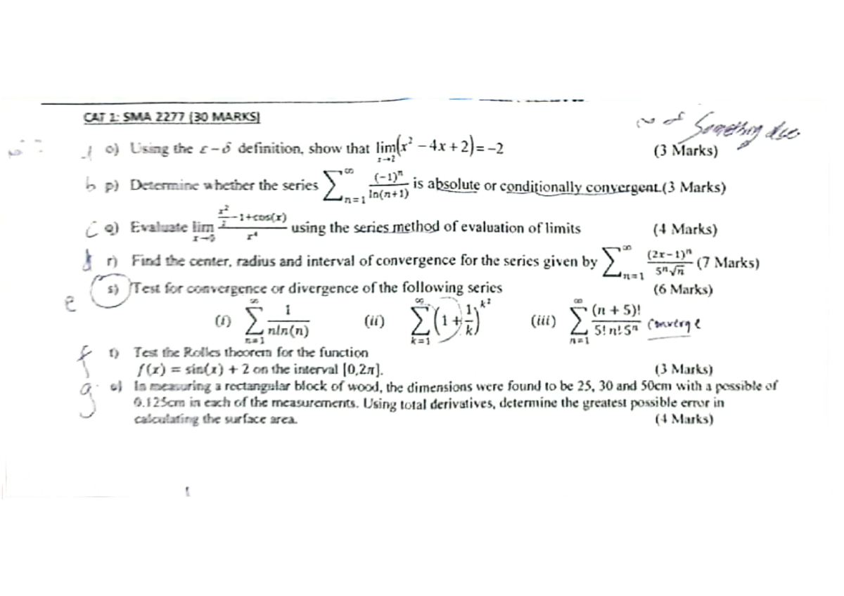 CAT 1 - Calculus 3 FOR Mechanical ENG - CAT 1: SMA 2277 MARKS) is o ...