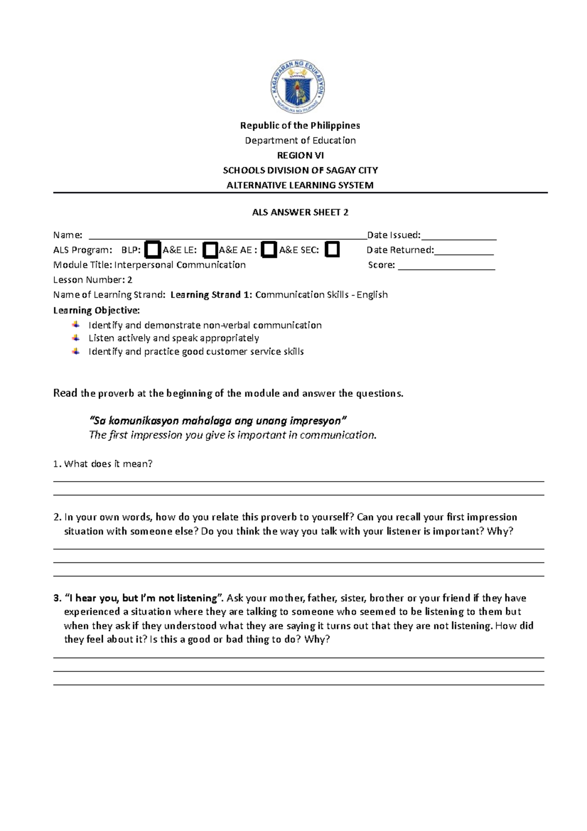 ALS Answer Sheet: Interpersonal Communication Module 2 - Studocu