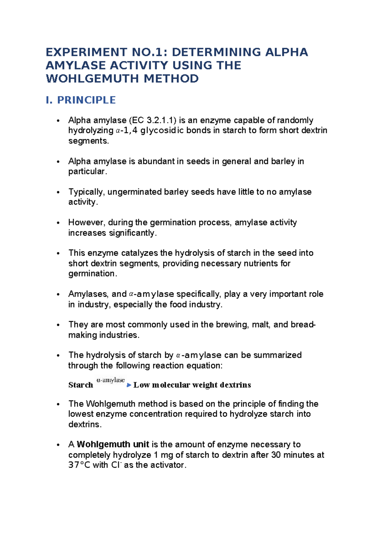 Food Biochemistry Lab: Alpha Amylase Activity Experiment (FB 101) - Studocu