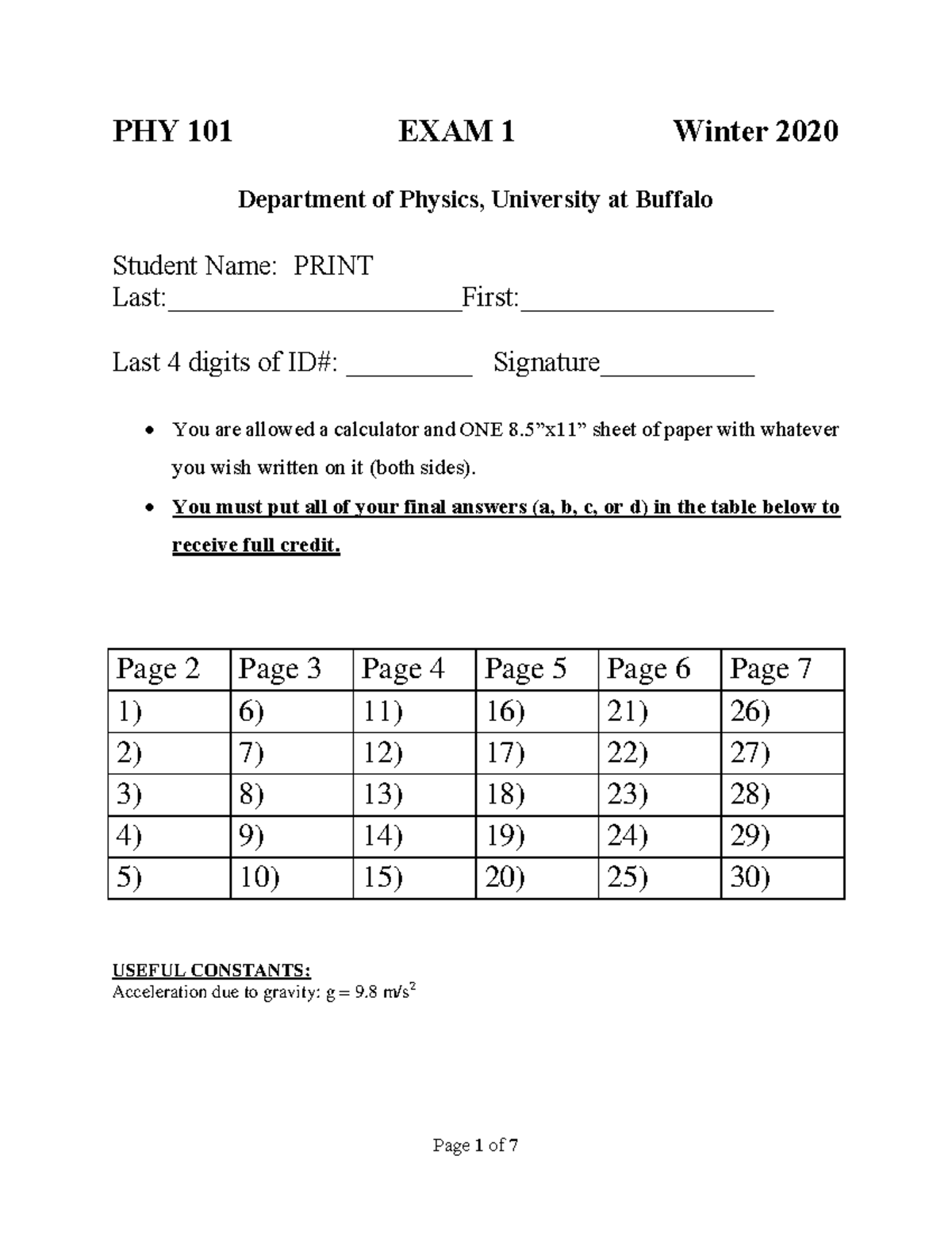 PHY101 Midterm Exam2020 with key - PHY 101 EXAM 1 Winter 2020 Department of Physics, University ...