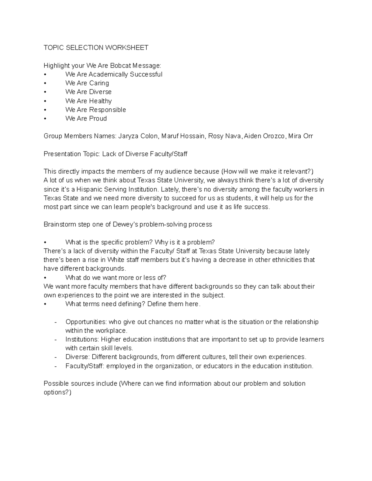 TSTU 101: Topic Selection Worksheet on Faculty Diversity Issues - Studocu