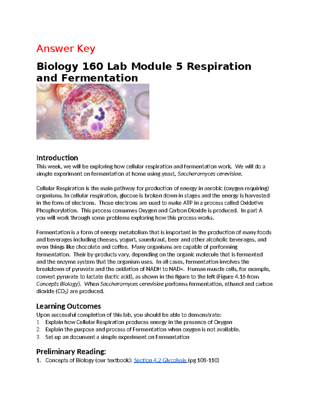 Biol 160 F21 Lab 5: Answer Key for Respiration & Fermentation - Studocu
