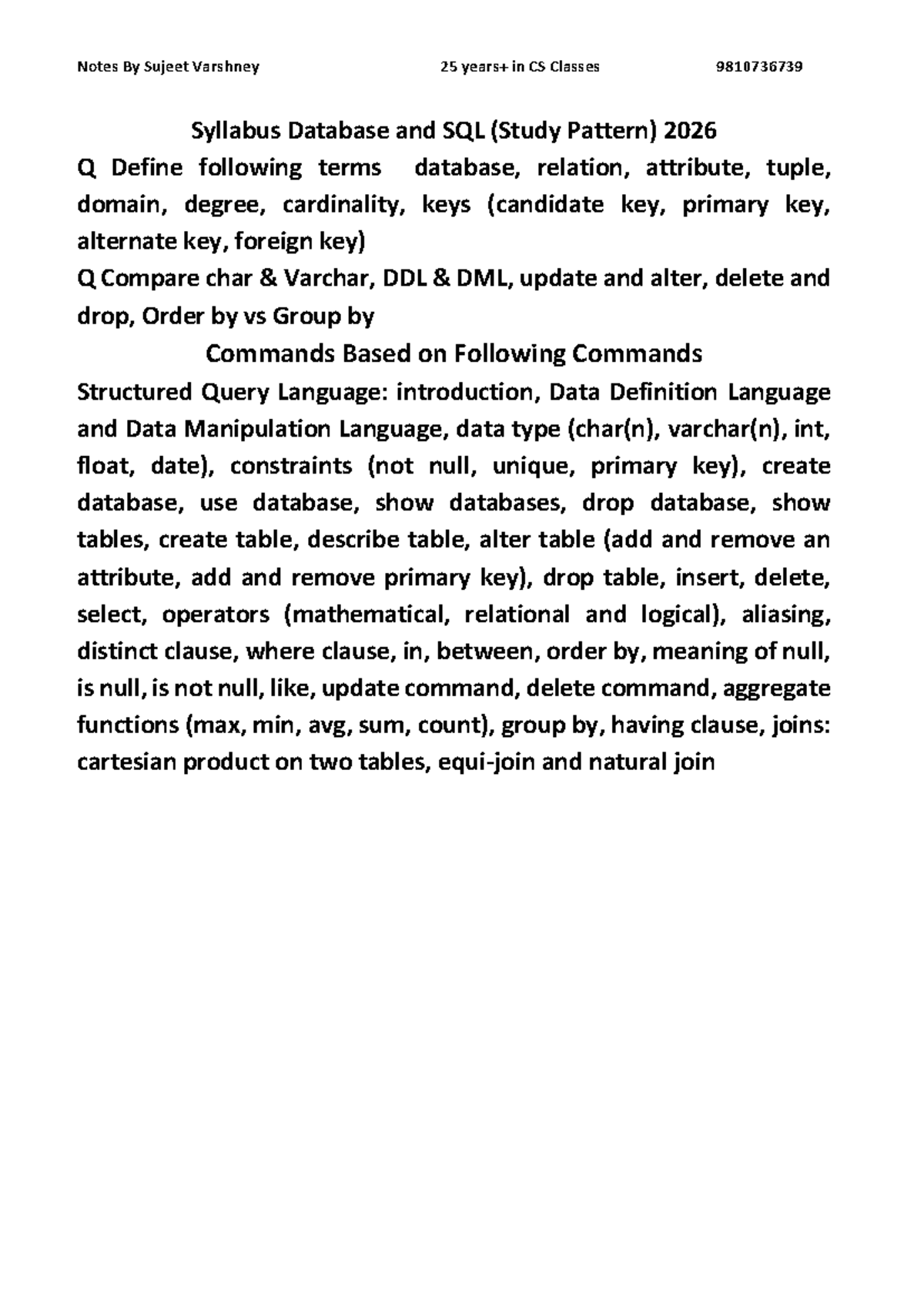 CS 98107 Final Exam Notes: Database & SQL Concepts - Studocu
