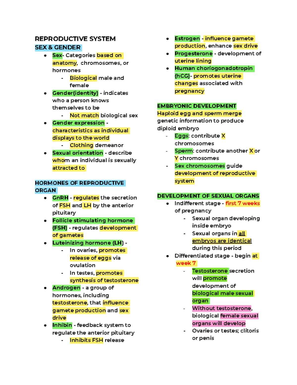 Reproductive System Overview: Final Exam Notes (BIO 101) - Studocu