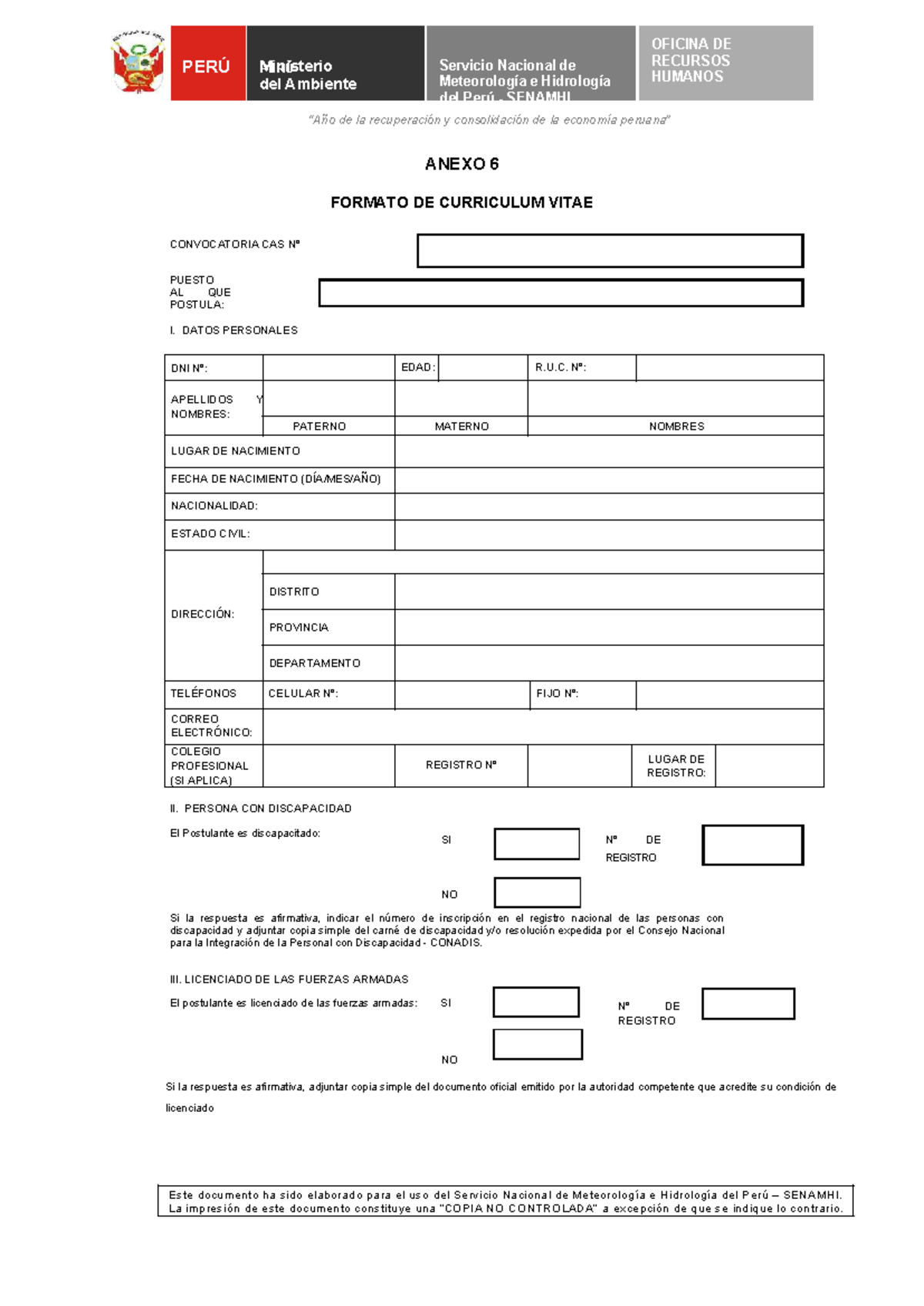 Anexo 6: Formato de CV para Convocatorias CAS - SENAMHI PERÚ - Studocu