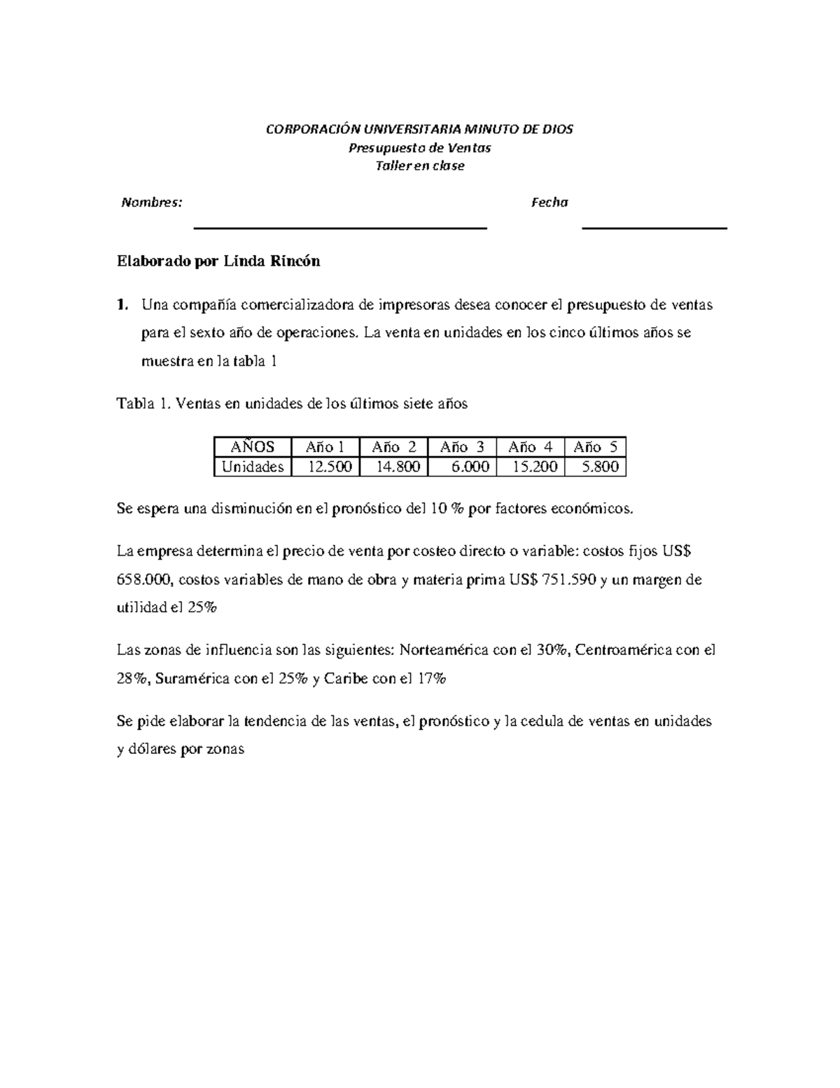 Taller en clase 2 Presupuesto de Ventas - CORPORACI”N UNIVERSITARIA MINUTO DE DIOS Presupuesto ...