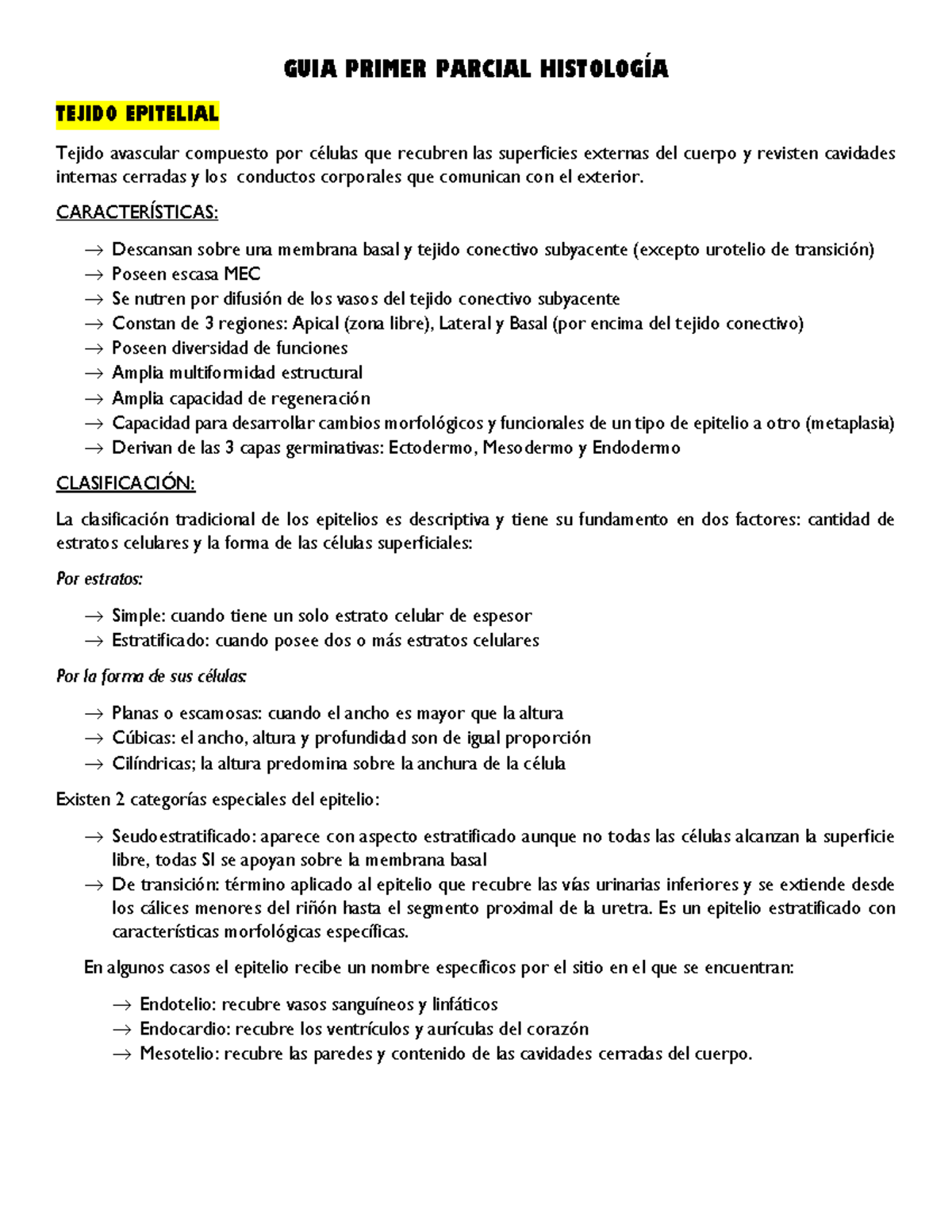 GUIA Primer Parcial Histología - Warning: TT: undefined function: 32 GUIA PRIMER PARCIAL ...