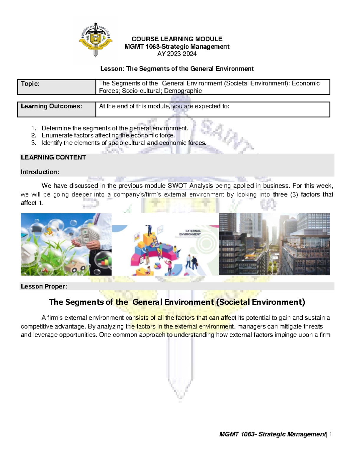MGMT Strategic 1: Lesson on General Environment Segments - Studocu