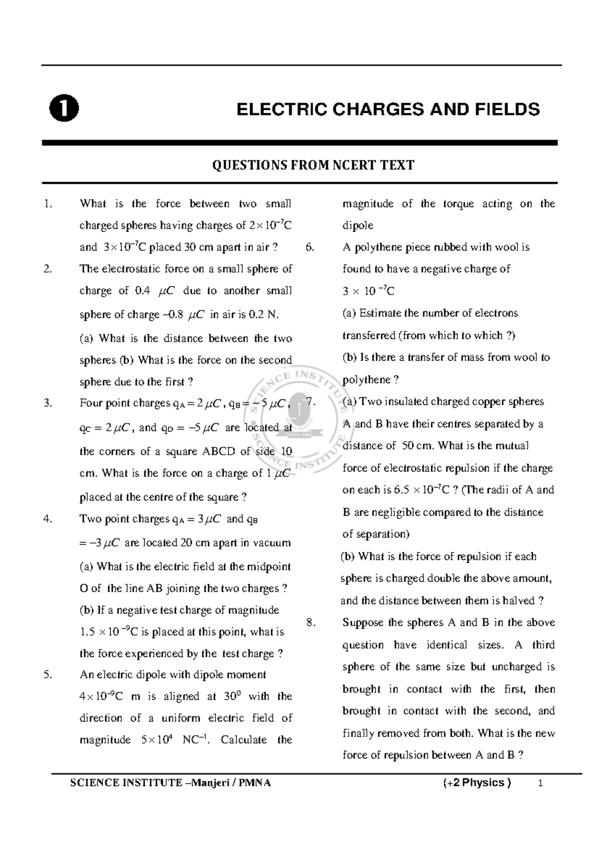Electric charge and field - ELECTRIC CHARGES AND FIELDS QUESTIONS FROM ...