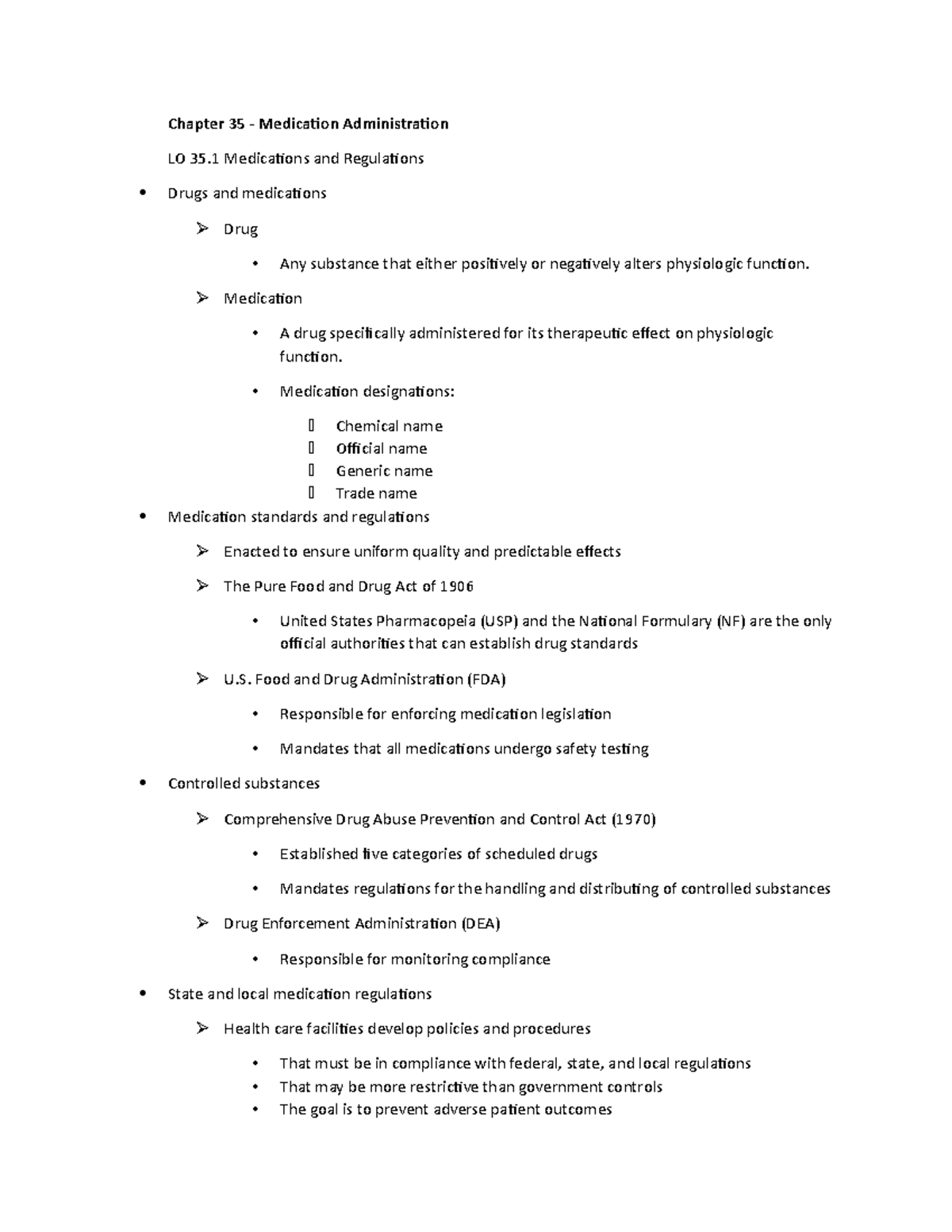 Chapter 35 - Med Administration: Key Concepts and Regulations - Studocu