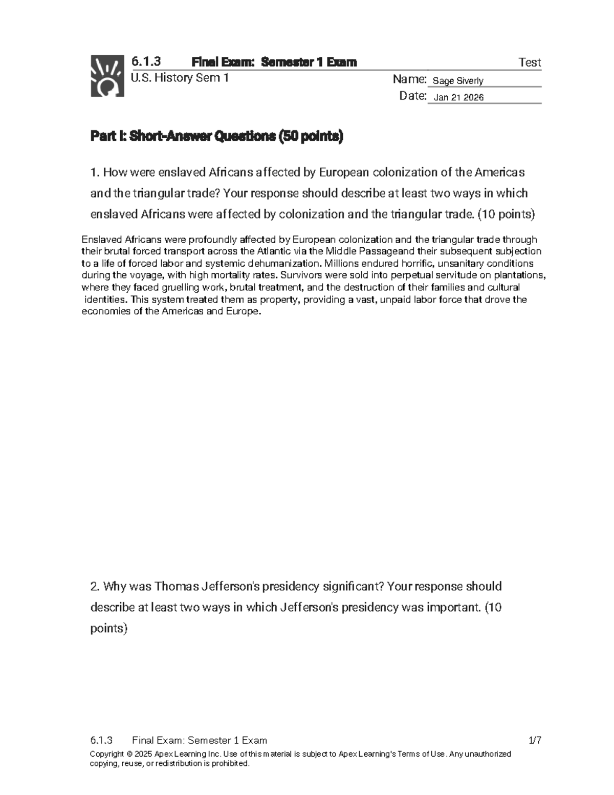6.1.3 Final Exam: U.S. History Semester 1 Comprehensive Review - Studocu