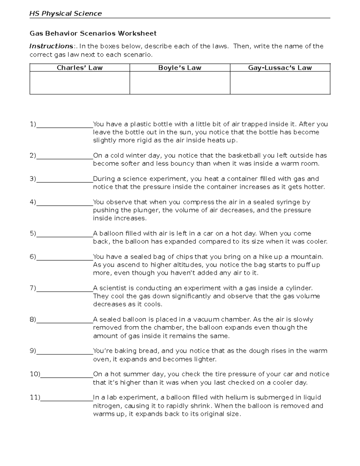 HS Physical Science Gas Behavior Scenarios & Laws Worksheet - Studocu