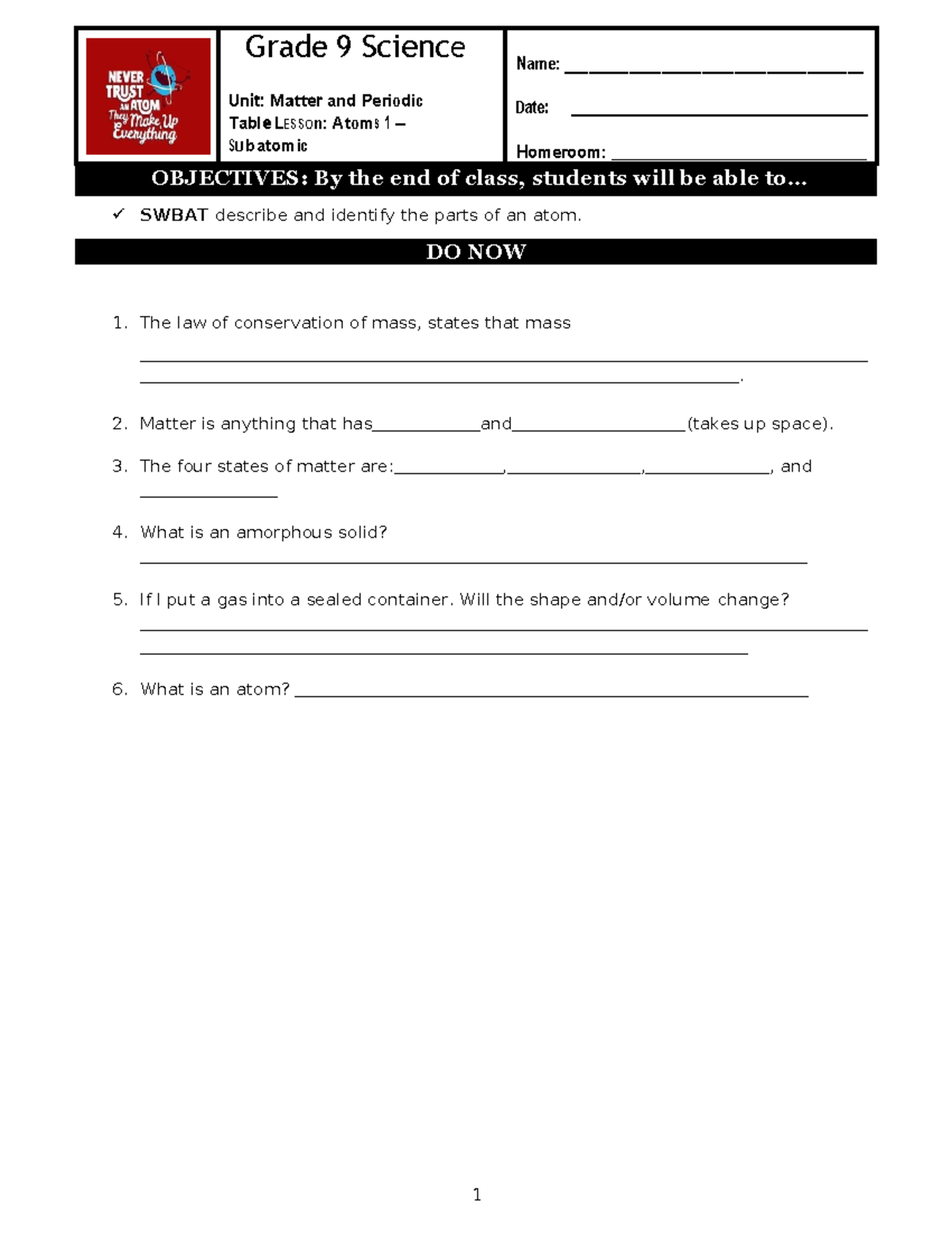 Grade 9 Science: Atoms 1 - Subatomic Lecture Notes - Studocu