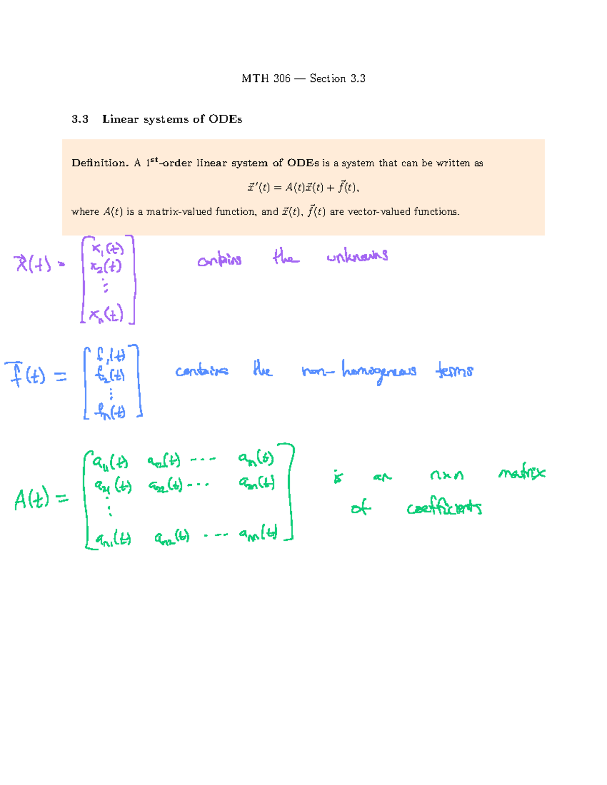 MTH 306 - Linear Systems of ODEs Lecture Notes - Studocu