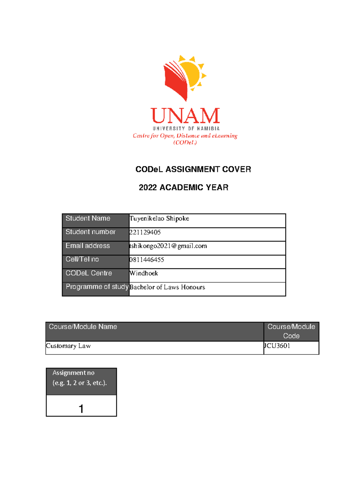 JCU3601 TL Shipoke Customary Law Assignment 1 Analysis - Studocu