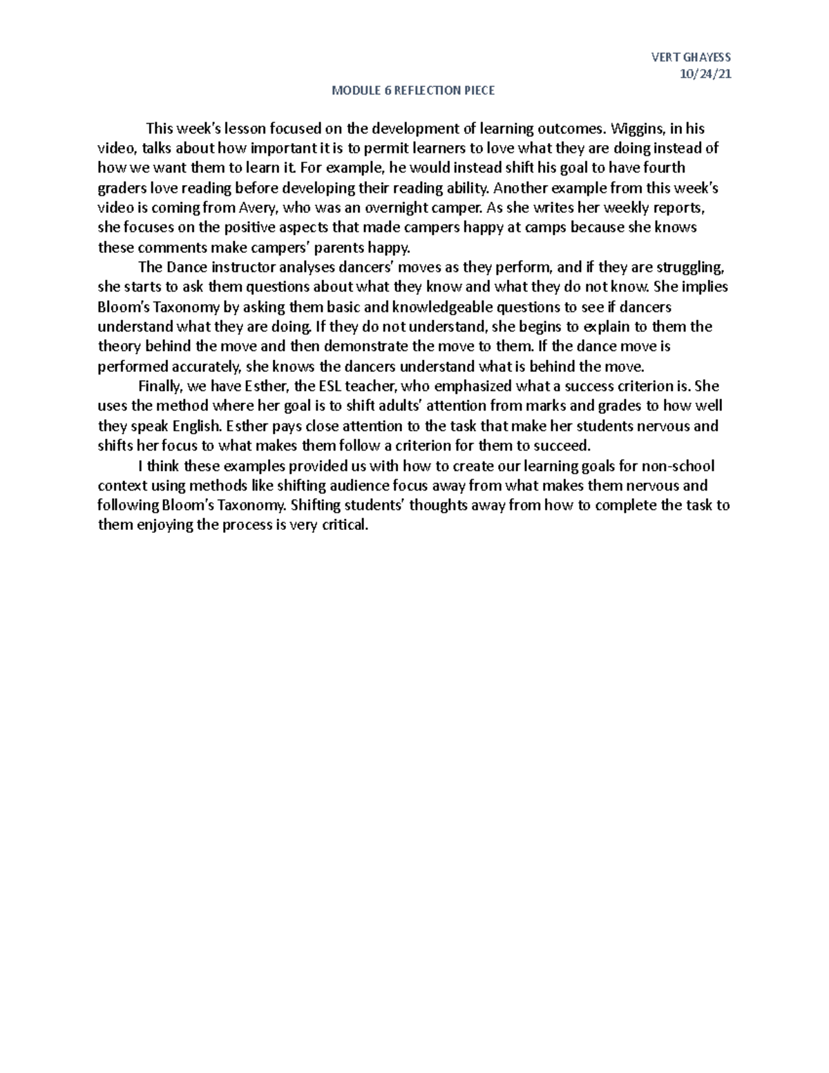 Reflection on Learning Outcomes - Module 6 Insights - Studocu