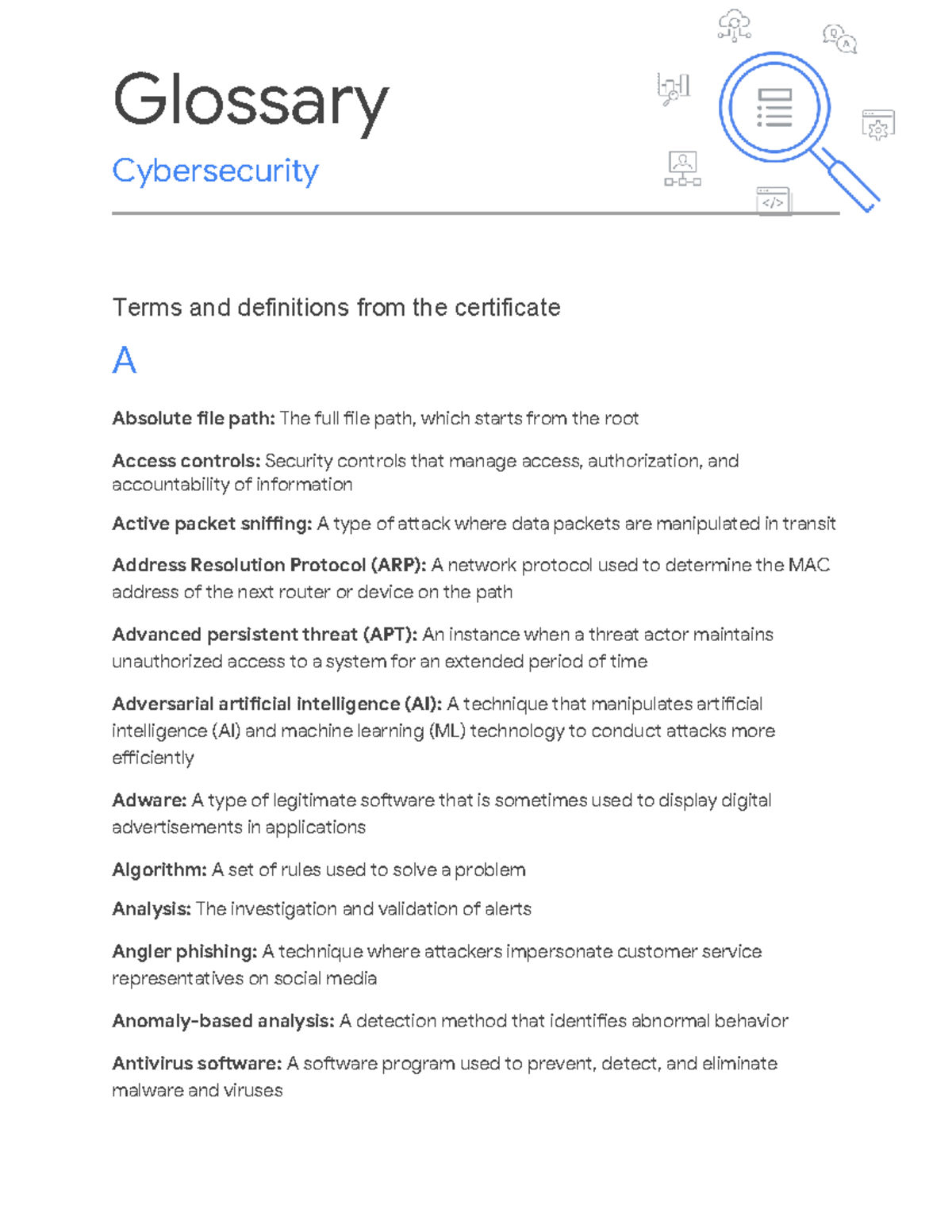 Cybersecurity Glossary: Key Terms and Definitions for Certificate A - Studocu